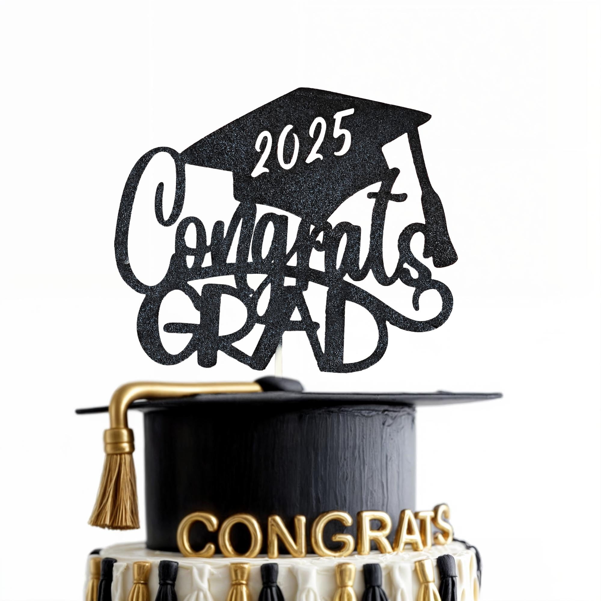 HAKPUOTR Black Glitter FEV6 Congrats Grad 2025 Cake Topper with ...