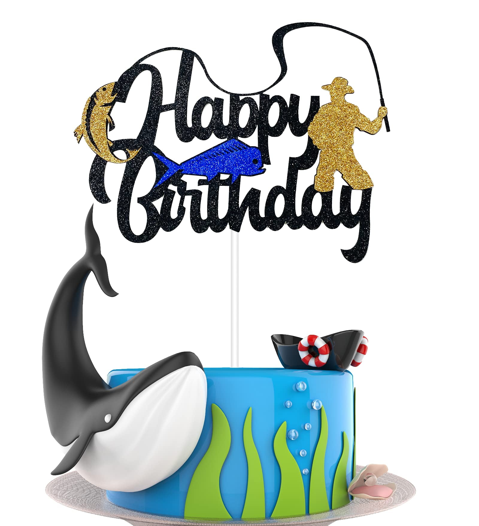 HAKPUOTR Fishing Birthday Cake Topper - Fish H2FSDCake Topper - Black ...