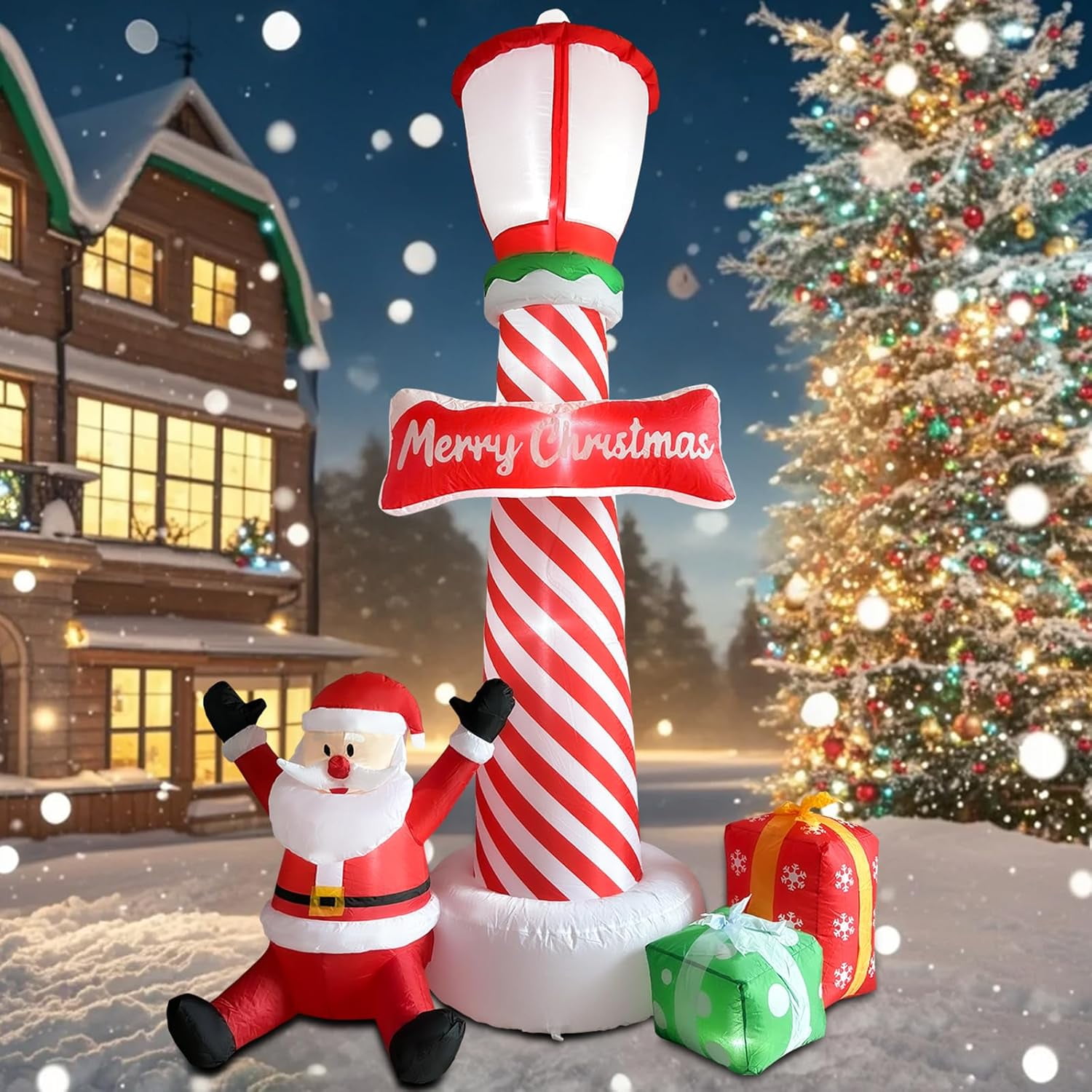 HALASOU 8.1ft Christmas Inflatable Lighthouse with Santa Claus and Gift ...