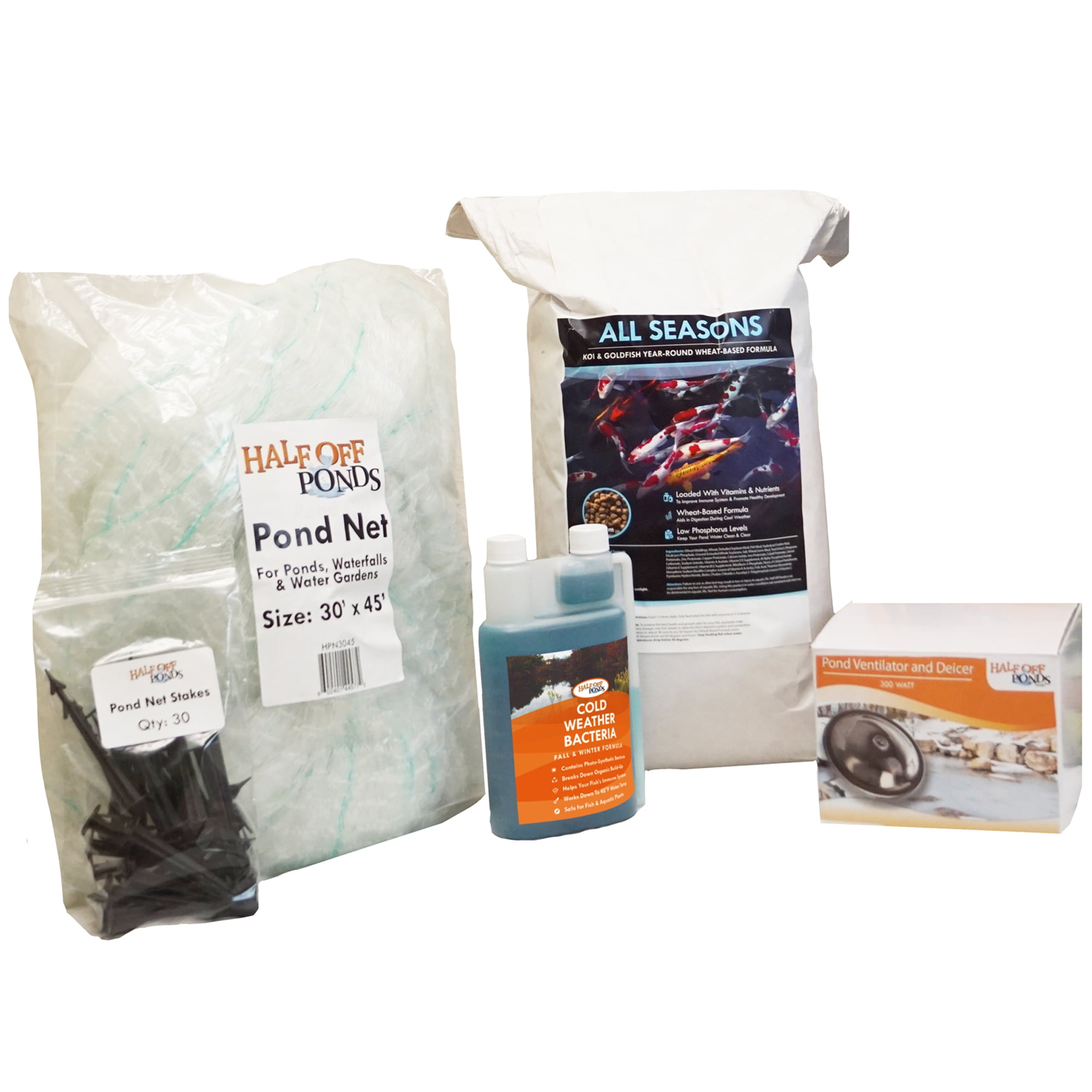 Half Off Ponds Mega Winterization Bundle, 30 ft x 45 ft Pond Net, 300 W ...