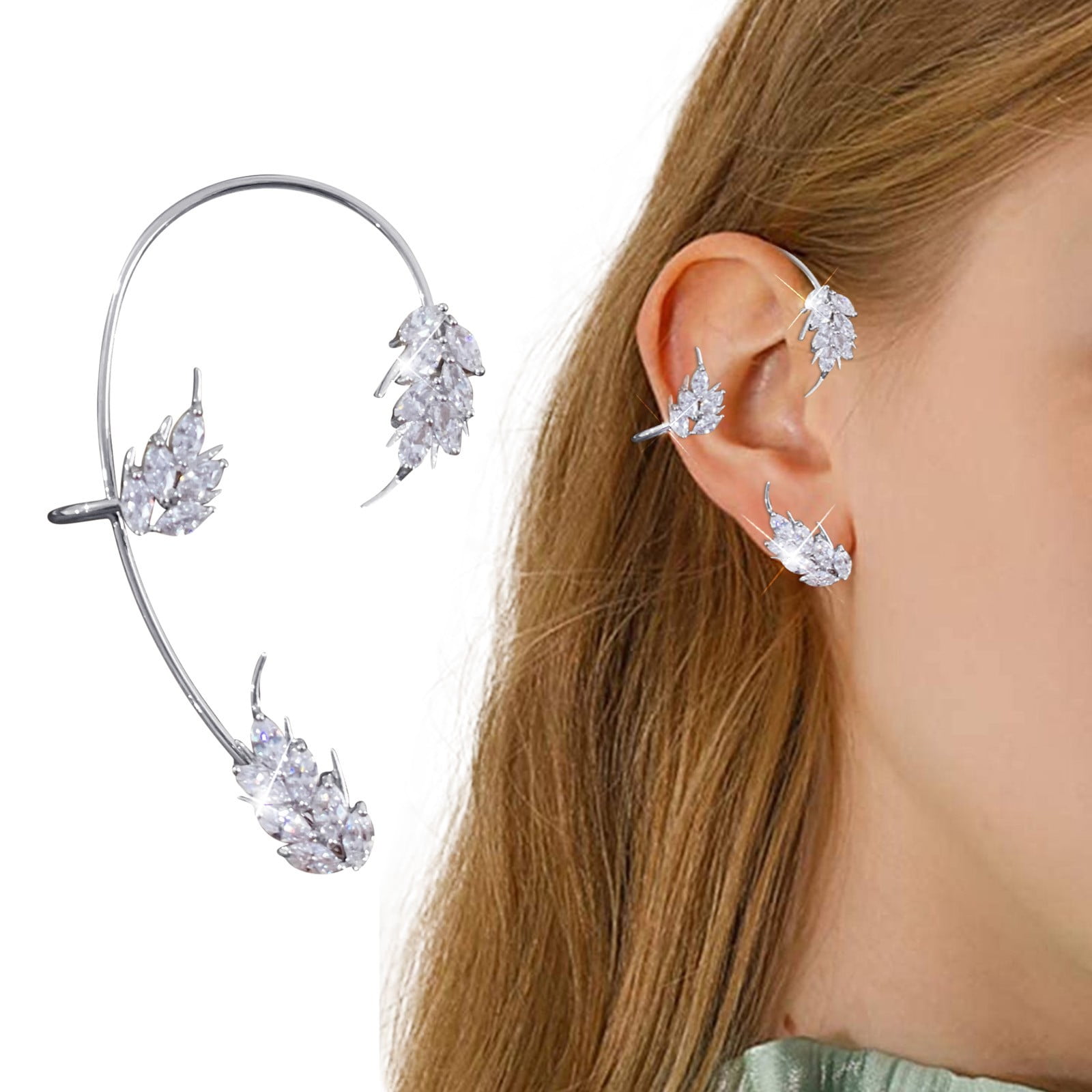 HALJEN Flash Drill Wheat Ears Earrings Feathersrhinestone Ear Clip for ...