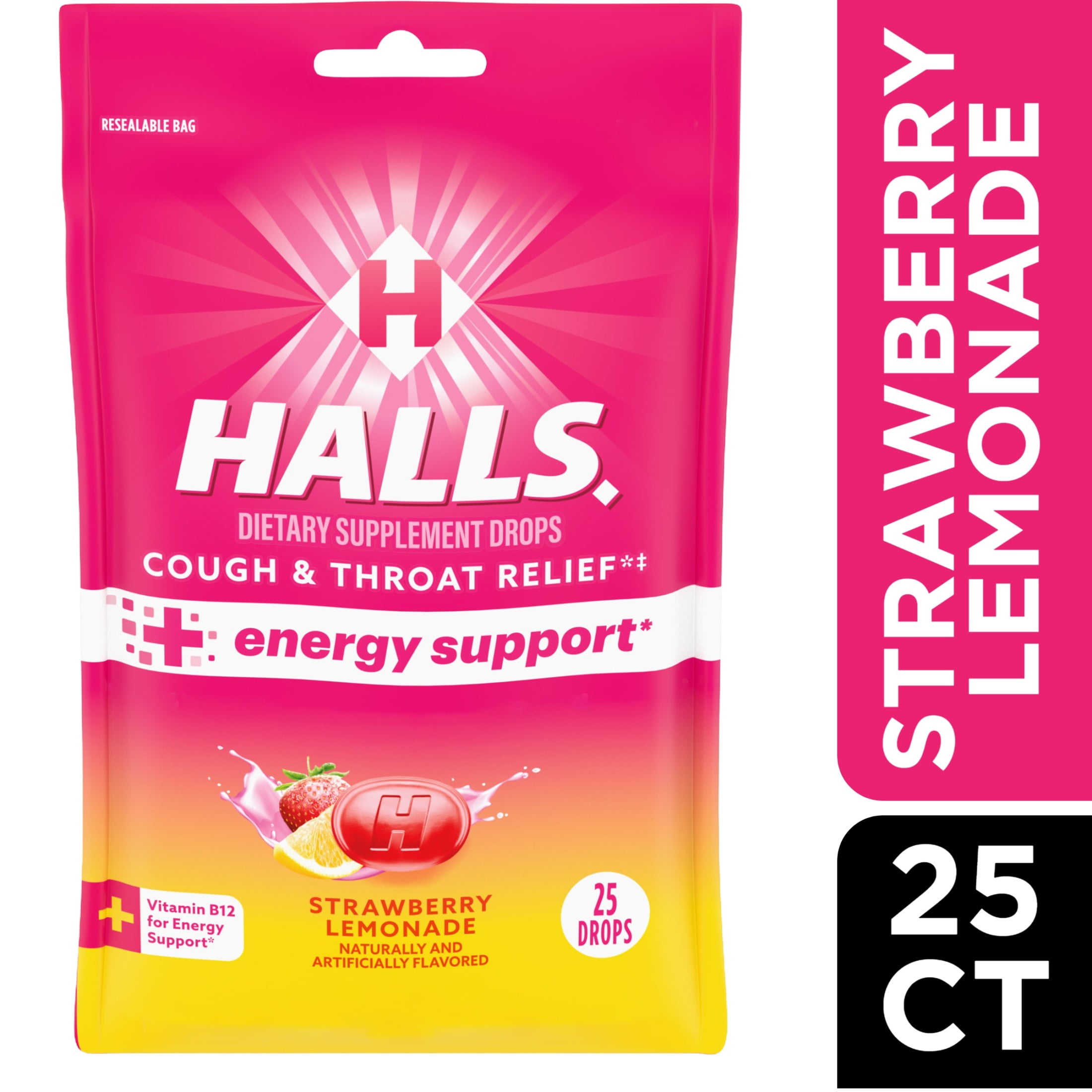 HALLS Cough and Throat Relief Plus Energy Support, Strawberry Lemonade ...