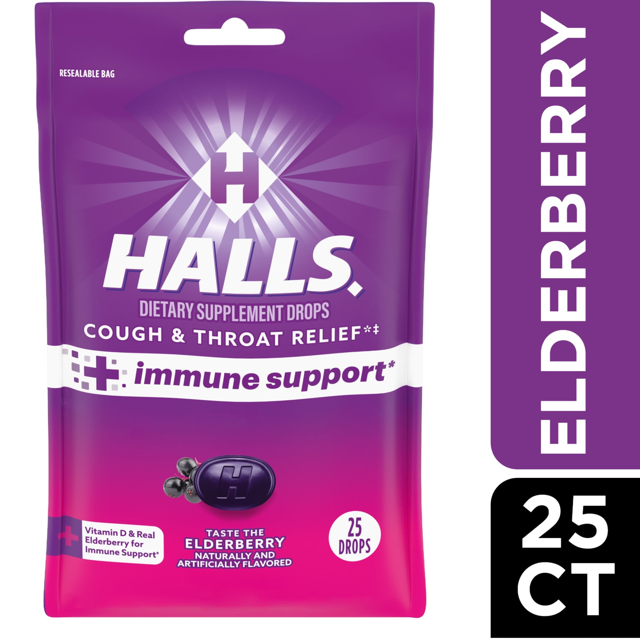 HALLS Cough and Throat Relief Plus Immune Support, Elderberry Cough Drops, 25 Count Drops ...