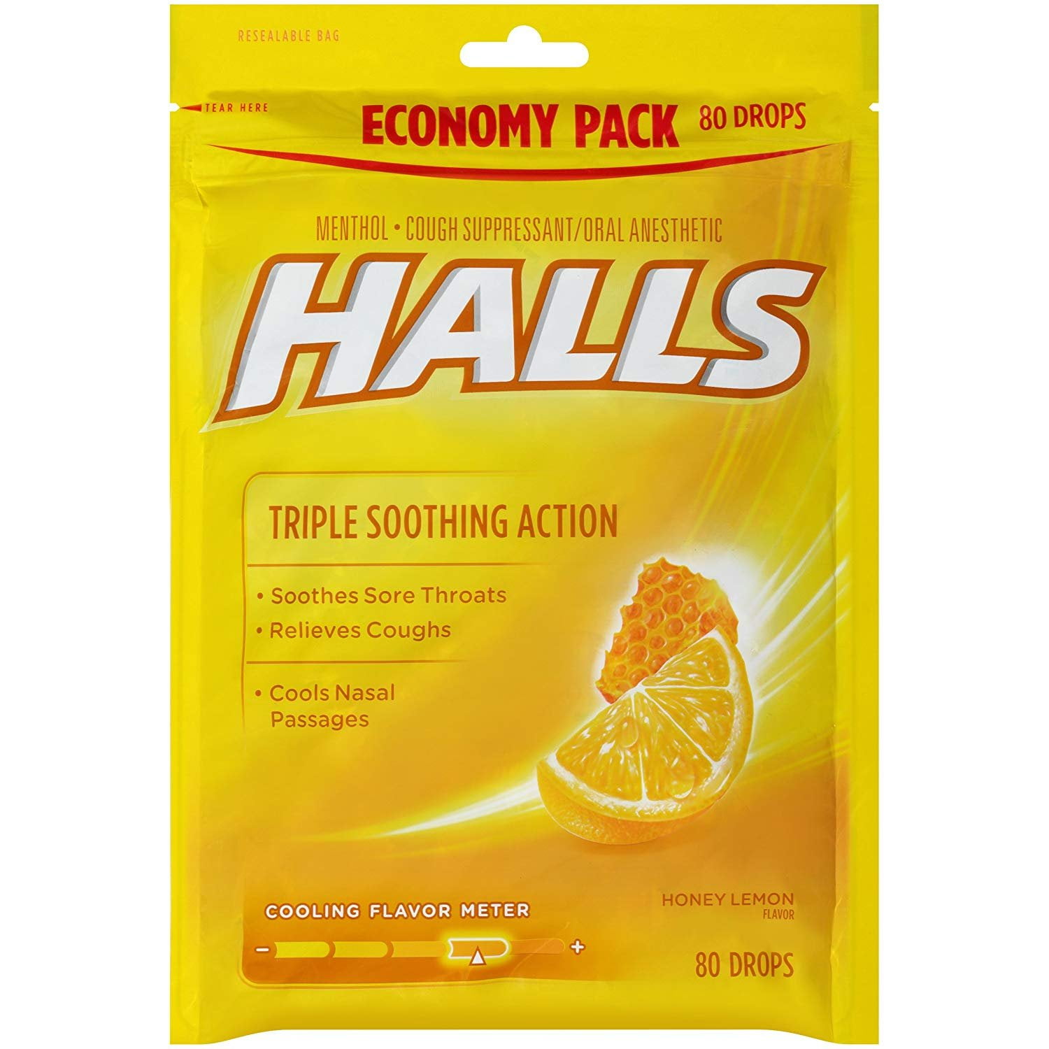 HALLS Honey Lemon Flavor Menthol Drops 80 ct. Bag Triple Soothing action HSA/FSA Eligible ...