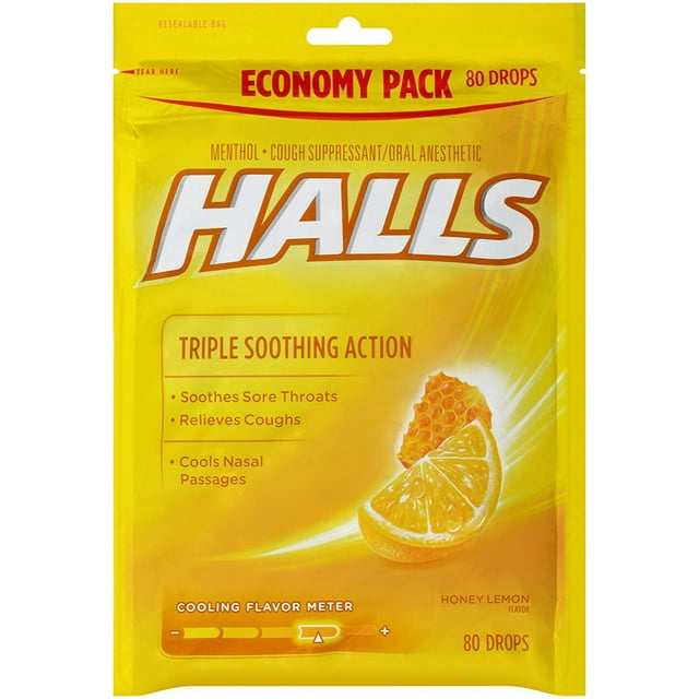 HALLS Honey Lemon Flavor Menthol Drops 80 ct. Bag Triple Soothing action HSA/FSA Eligible ...