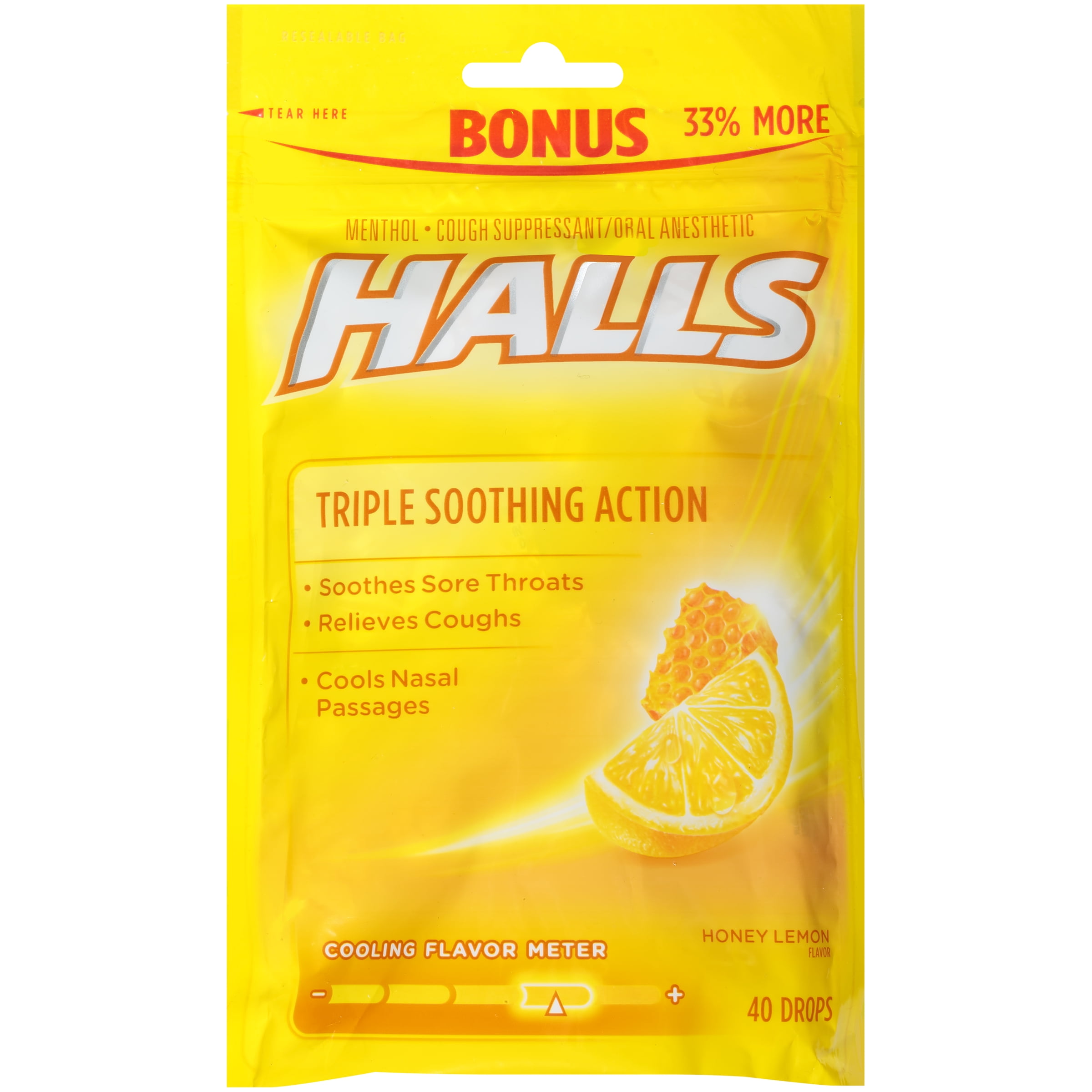 HALLS Relief Honey Lemon Flavor Cough Drops, 1 Bag (40 Total Drops ...
