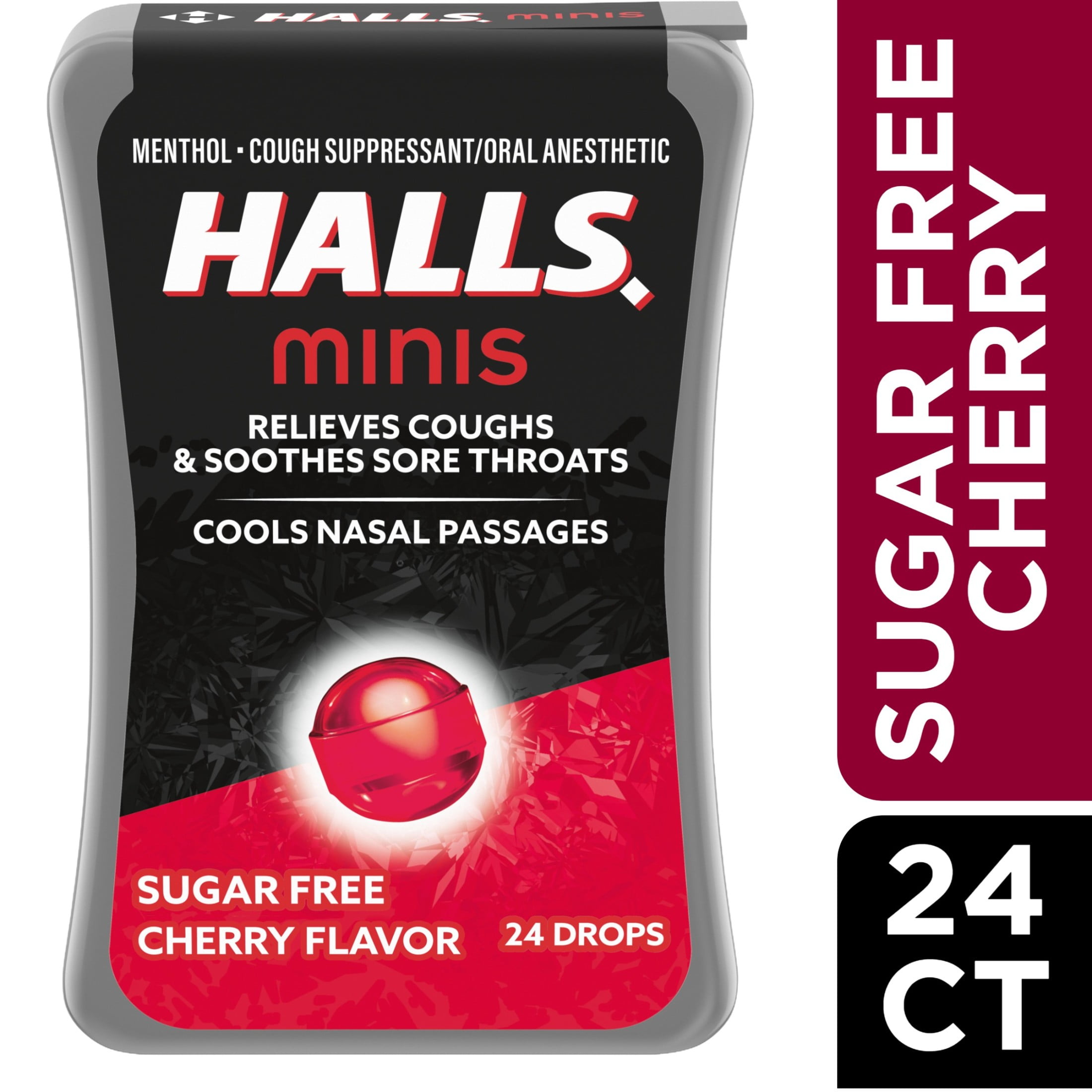 HALLS Minis Cherry Flavor Sugar Free Cough Drops, 24 Drops HSA/FSA ...
