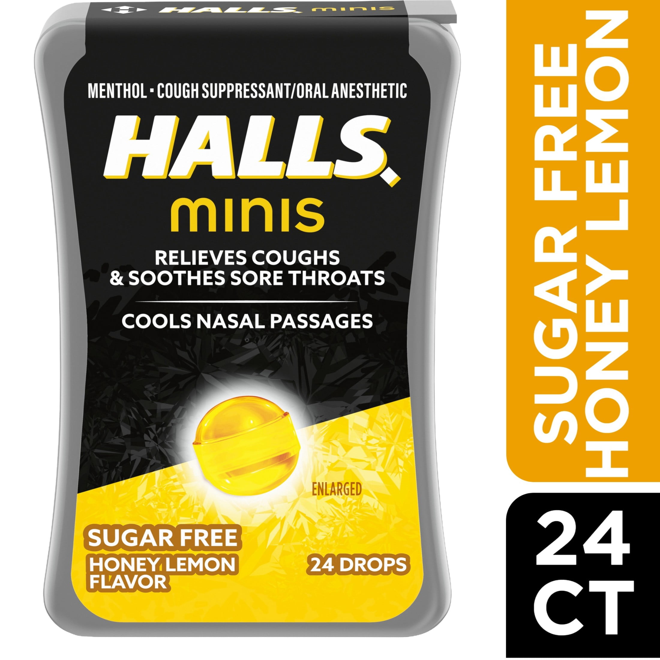 HALLS Minis Honey Lemon Flavor Sugar Free Cough Drops, 24 Drops HSA/FSA ...