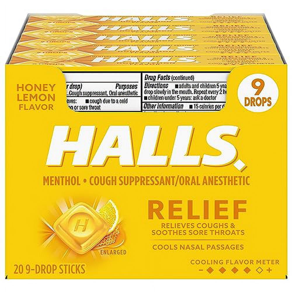 HALLS Relief Honey Lemon Cough Drops, 20 Packs of 9 Drops (180 Total ...