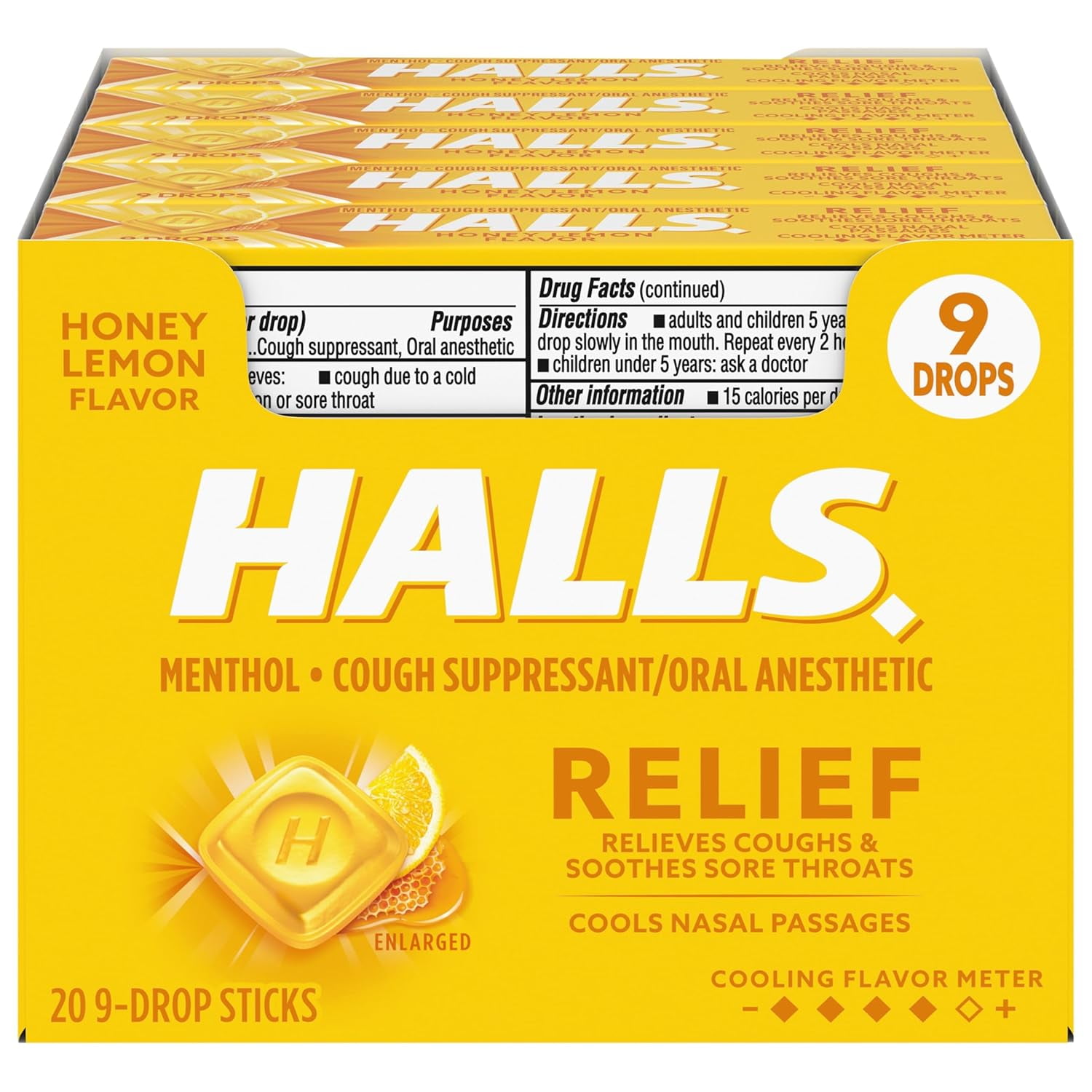 HALLS Relief Honey Lemon Cough Drops, 20 Packs of 9 Drops (180 Total ...