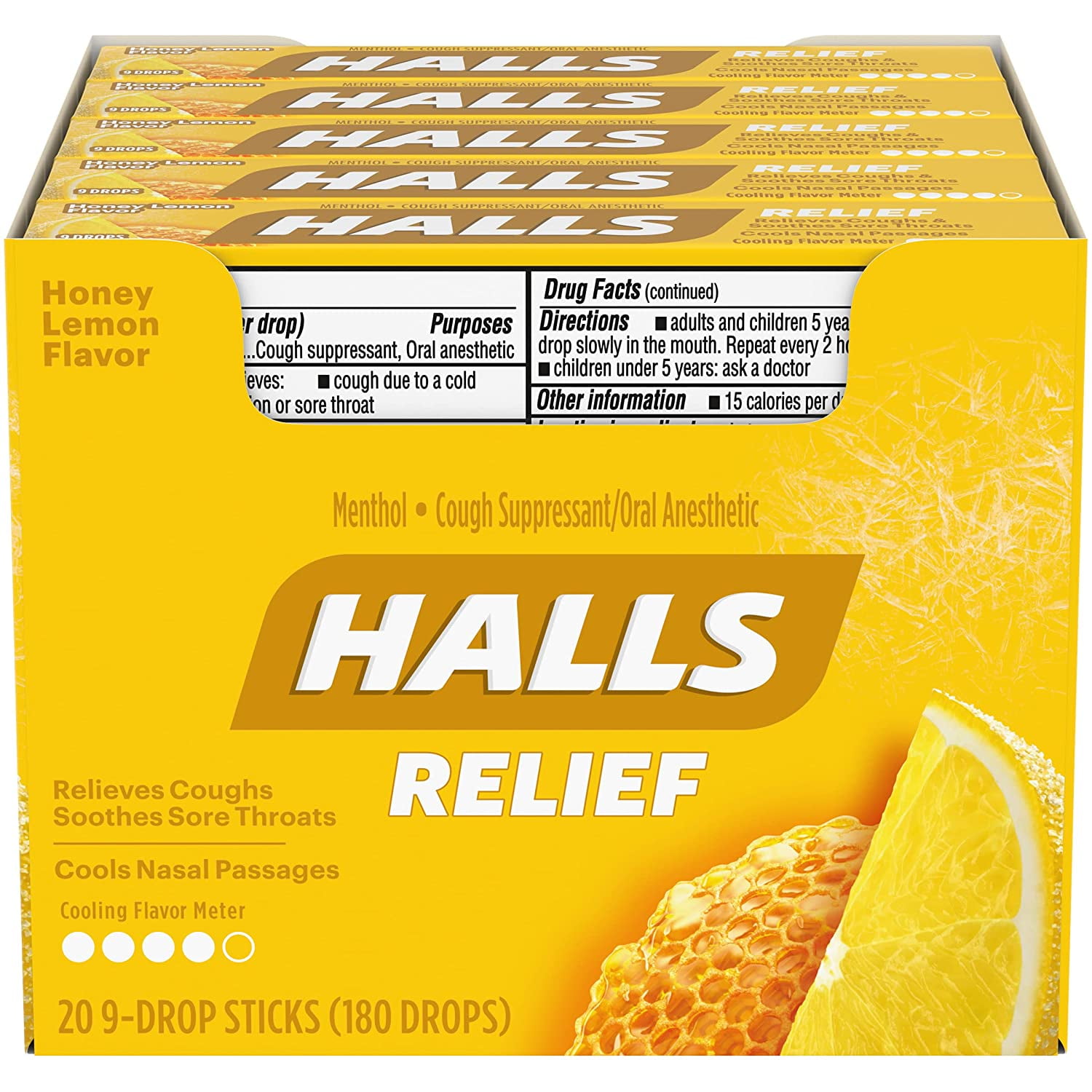 HALLS Relief Honey Lemon Cough Drops, Menthol Cough Suppressant, 20 Packs, 180 Total Drops ...