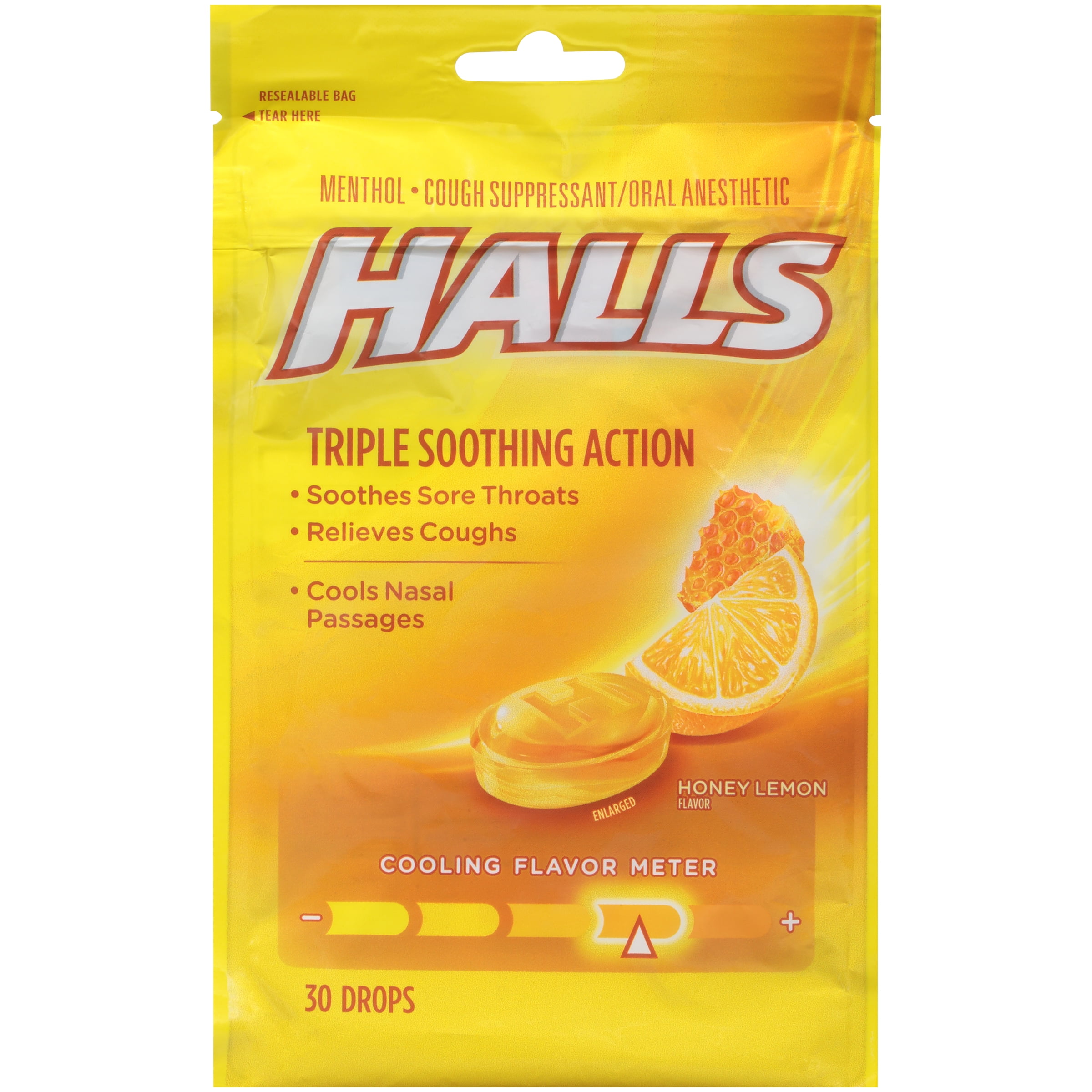 HALLS Relief Honey Lemon Cough Drops, 30 Drops - Walmart.com