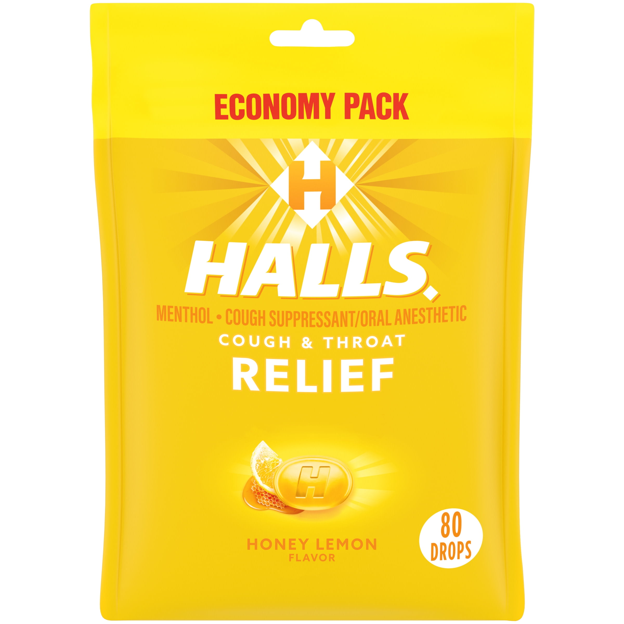 HALLS Relief Honey Lemon Cough Drops, Economy Pack, 80 Drops - Walmart.com