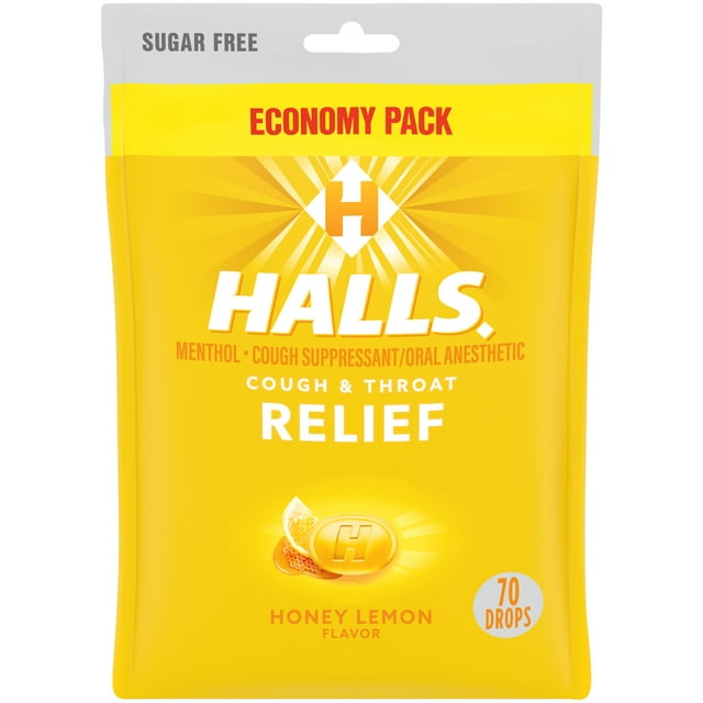 HALLS Relief Honey Lemon Sugar Free Cough Drops, Economy Pack, 70 Drops - Walmart.com