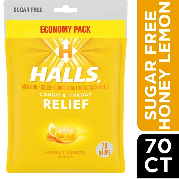 HALLS Relief Honey Lemon Sugar Free Cough Drops, Economy Pack, 70 Drops