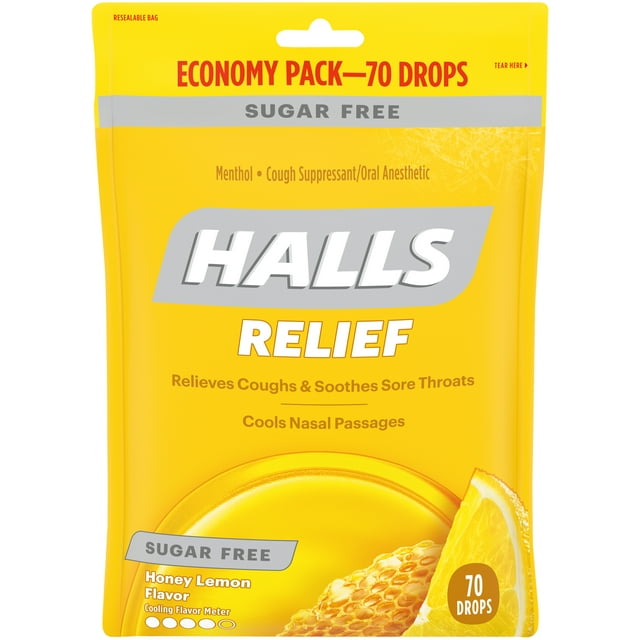 HALLS Relief Honey Lemon Sugar Free Cough Drops, Economy Pack, 70 Drops ...