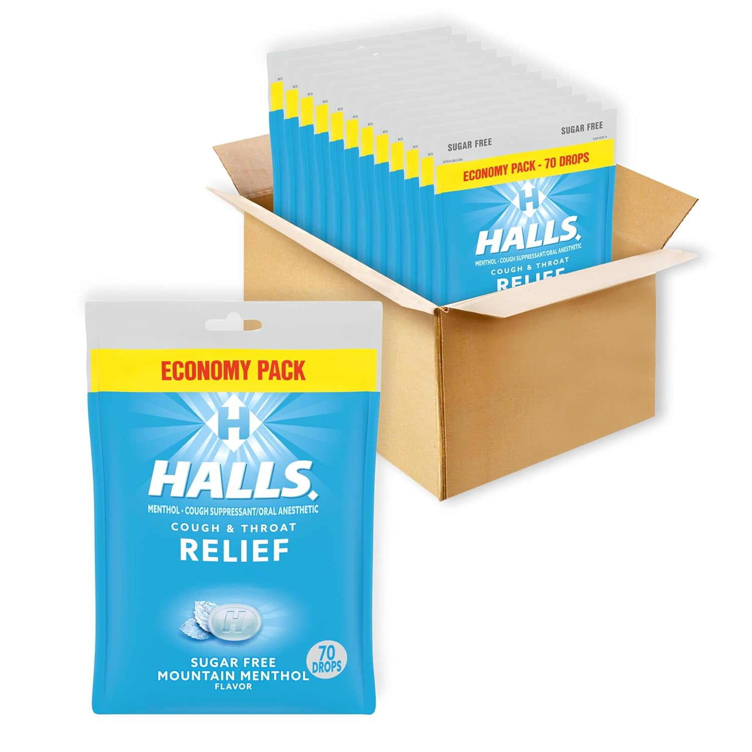HALLS Relief Mountain Menthol Sugar Free Cough Drops, Economy Pack, 12 ...