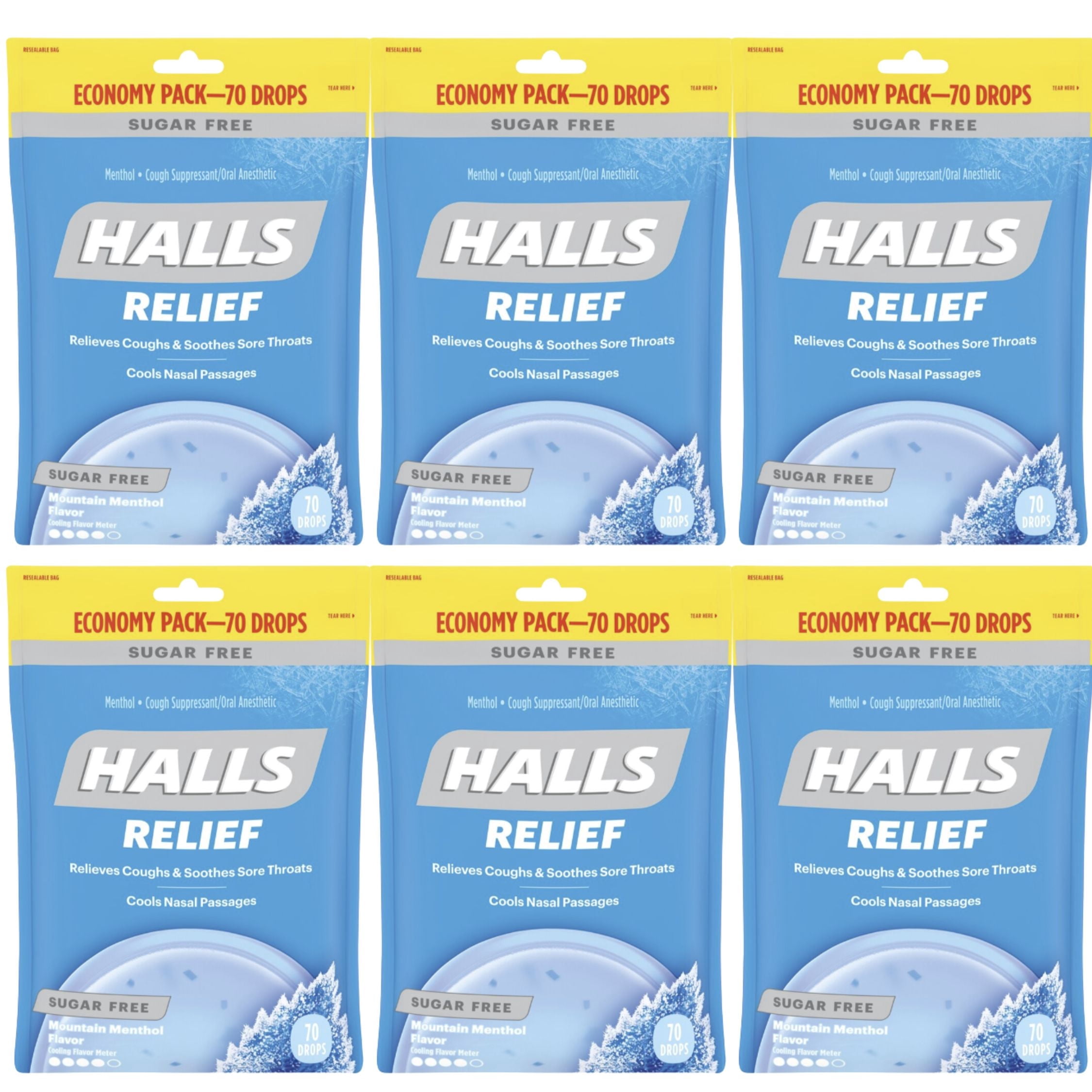 HALLS Relief Mountain Menthol Sugar Free Cough Drops, 70 Drops, 6pk ...