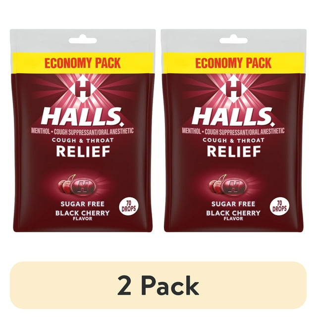 (2 pack) HALLS Relief Sugar Free Black Cherry Flavor Cough Drops, Economy Pack, 1 Bag (70 Drops ...