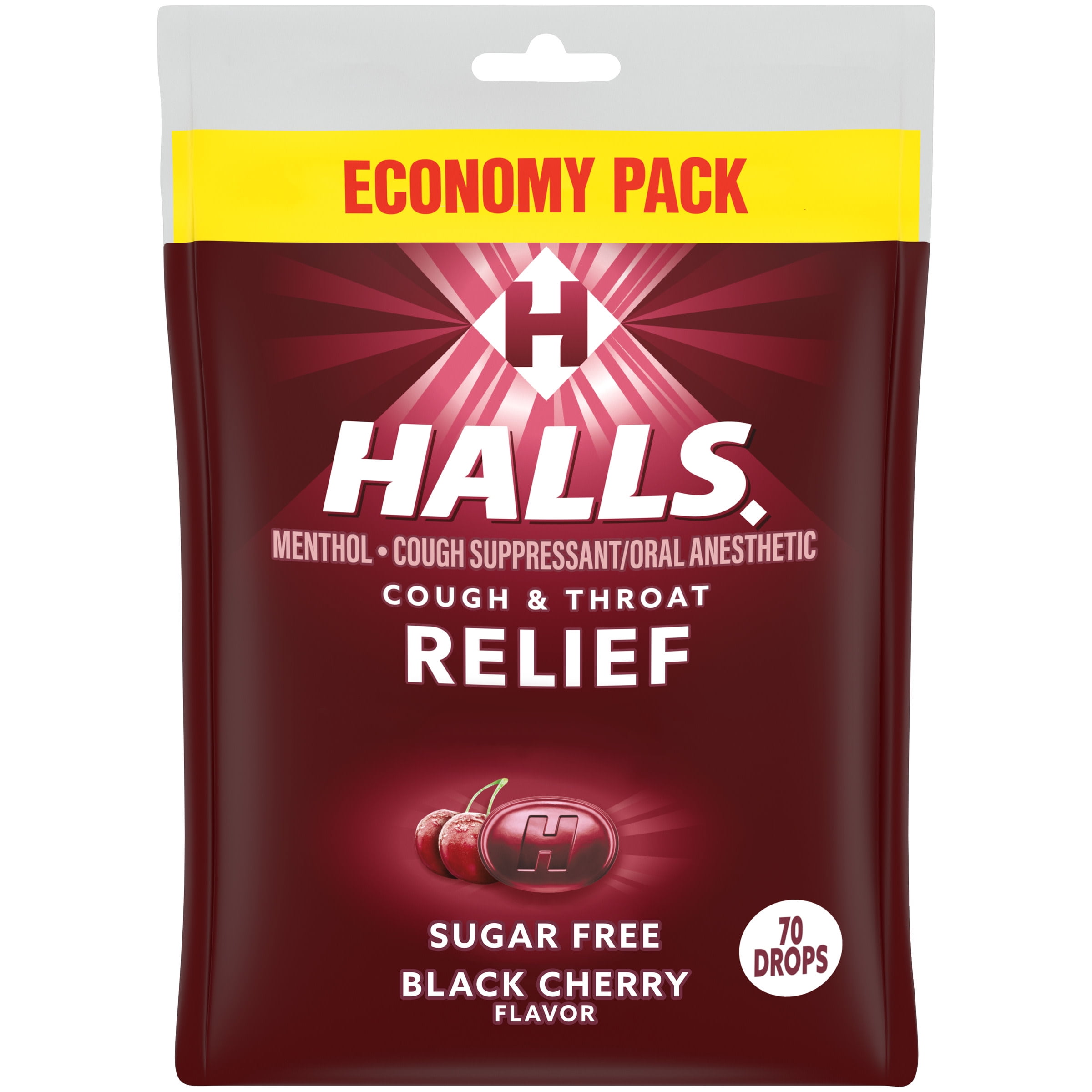 HALLS Relief Sugar Free Black Cherry Flavor Cough Drops, Economy Pack, 1 Bag (70 Drops ...
