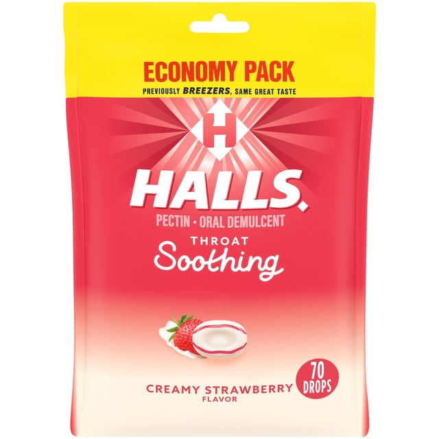 HALLS Creamy Strawberry Throat Drops, Non-Menthol, Pectin 7mg, 70 Drops ...