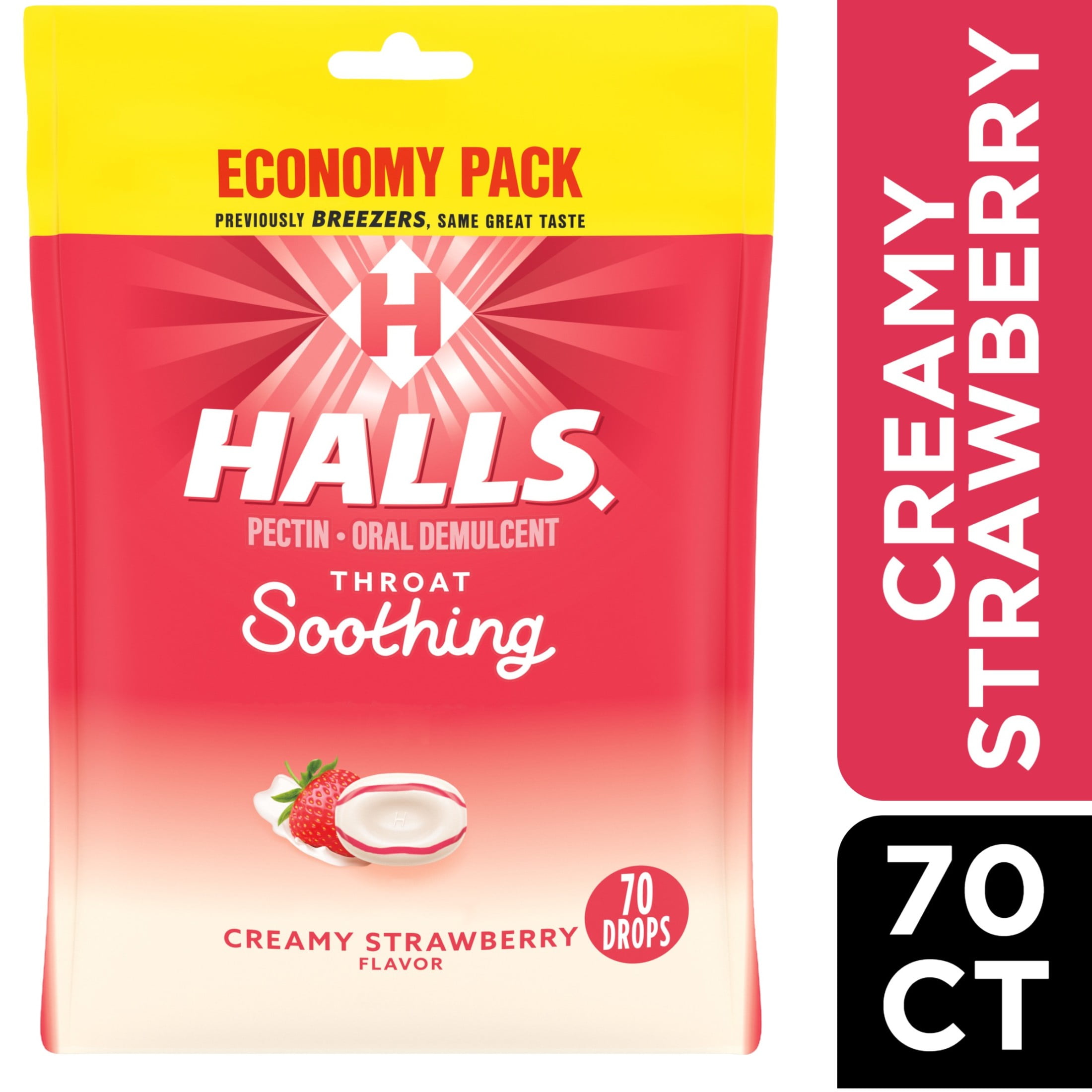 HALLS Creamy Strawberry Throat Drops, Non-Menthol, Pectin 7mg, 70 Drops ...