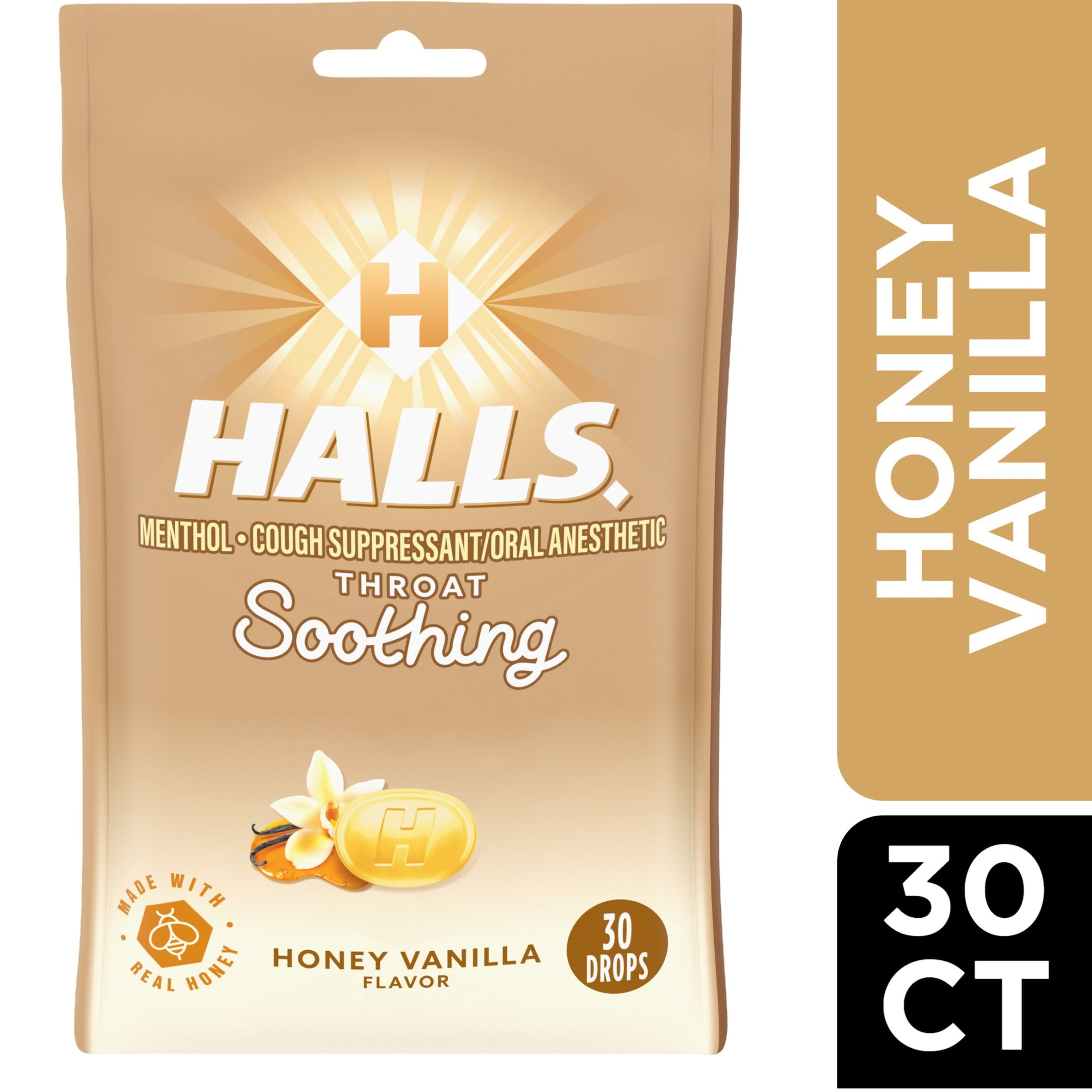 HALLS Large Bag Honey Vanilla Throat Soothing Cough Drops, 30 Drops ...