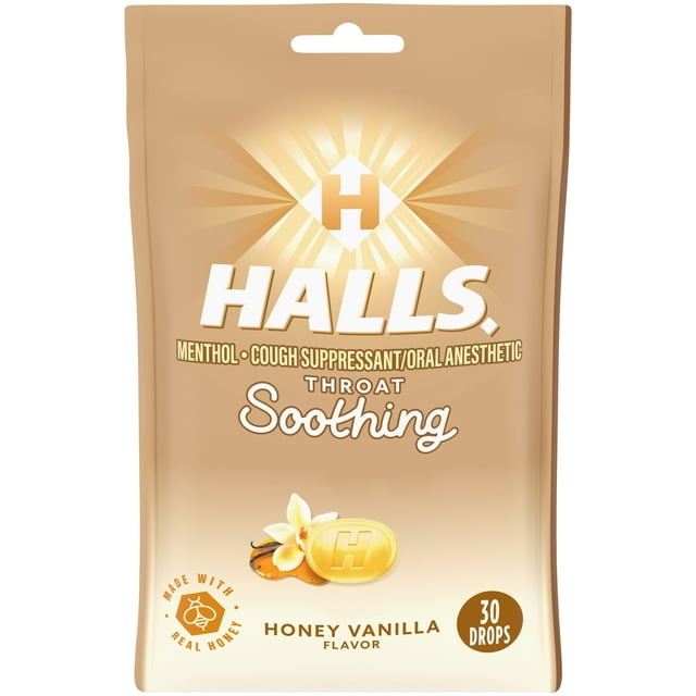 HALLS Large Bag Honey Vanilla Throat Soothing Cough Drops, 30 Drops ...