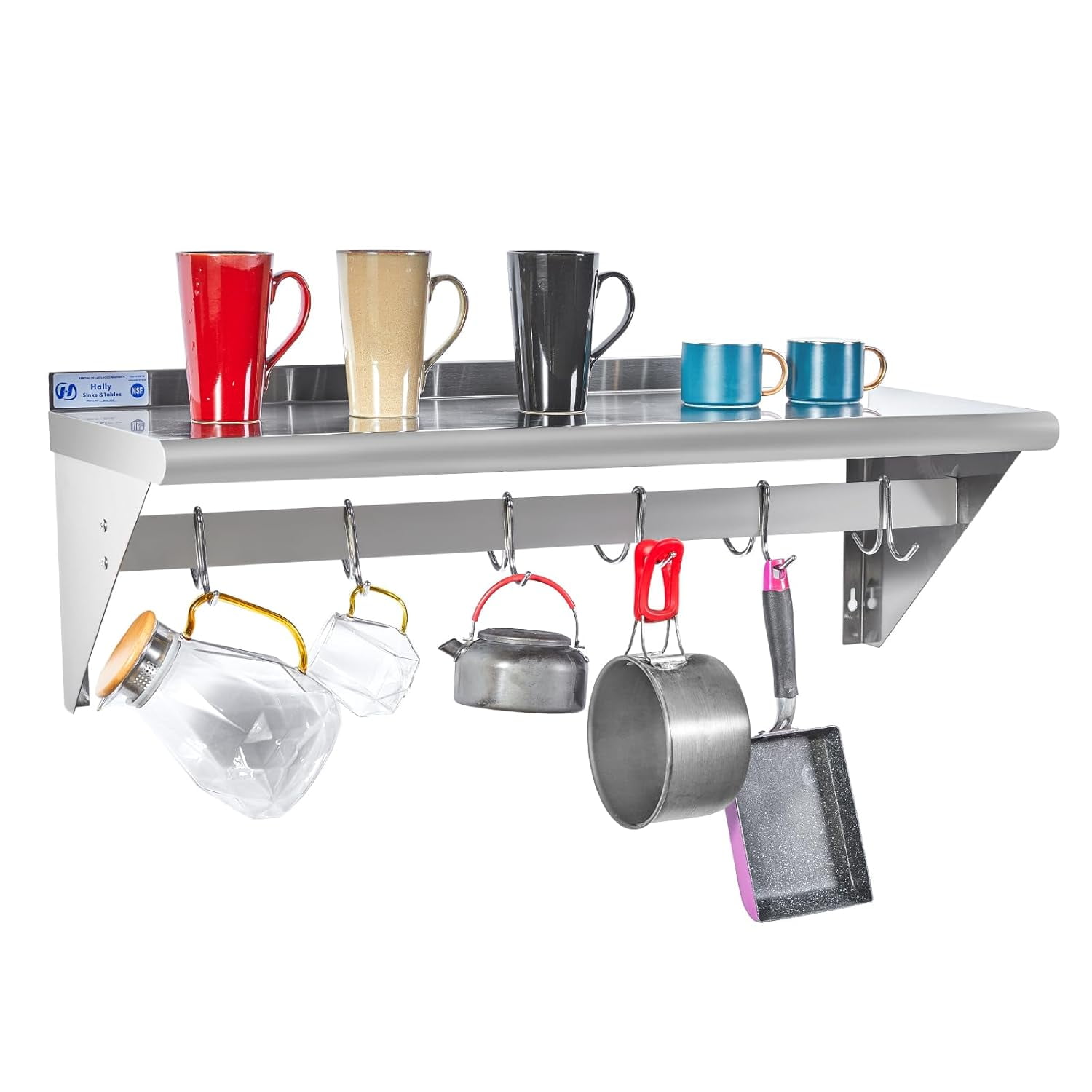 HALLY Stainless Steel Shelf with 6 Hooks 14" x 36" Wall Mounted Pot ...