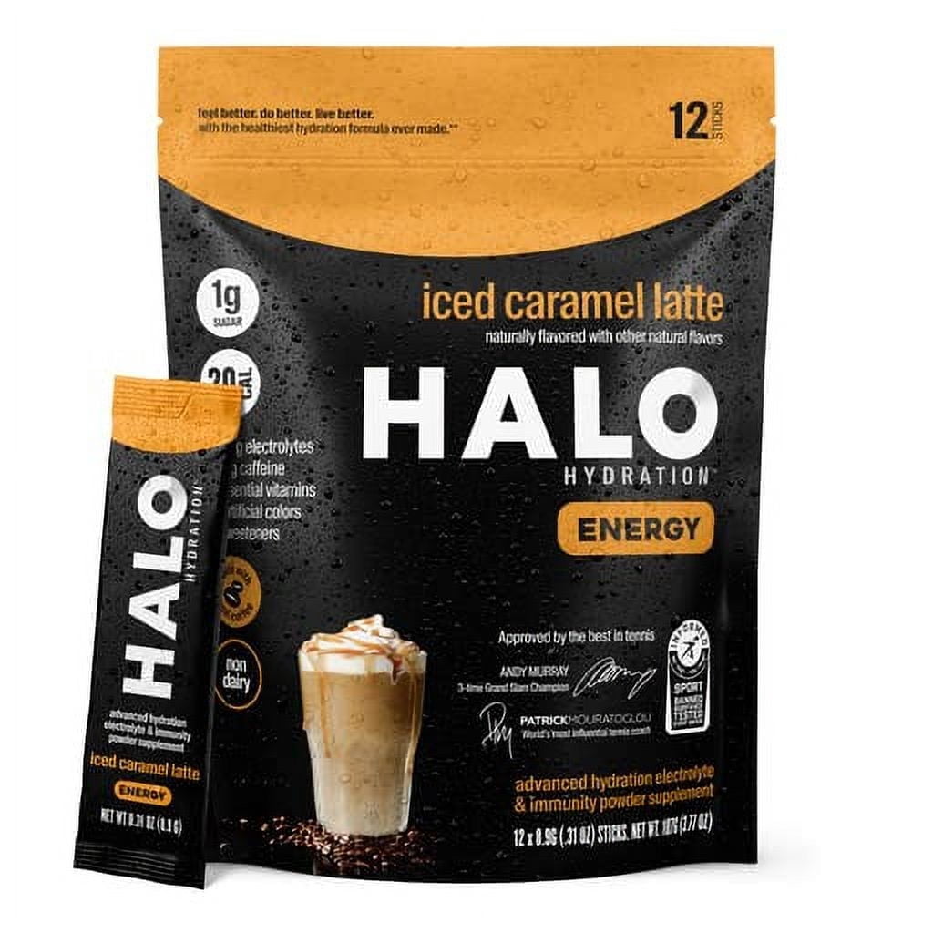 HALO Hydration Iced Caramel Latte Energy Drink, Electrolyte & Caffeine ...