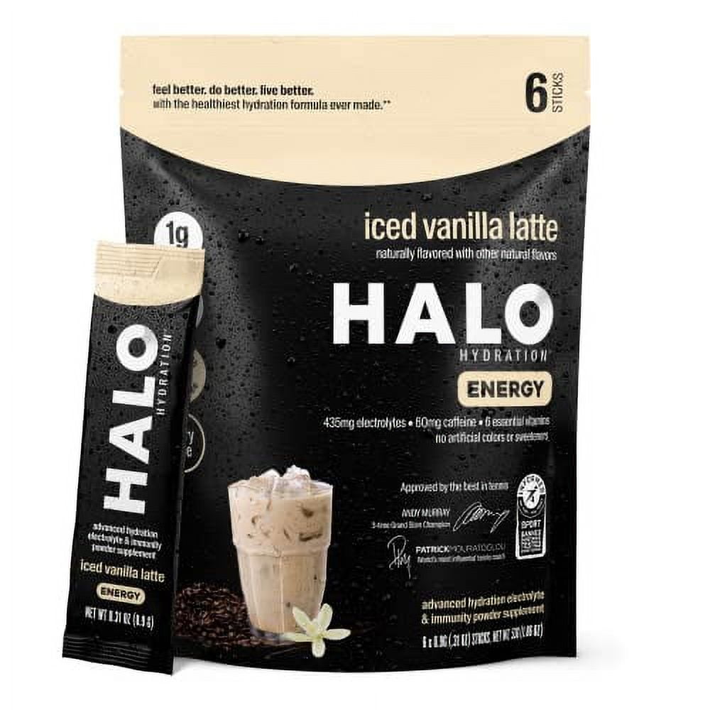 HALO Hydration Iced Vanilla Latte Energy Drink & Electrolyte Powder, 6 ...