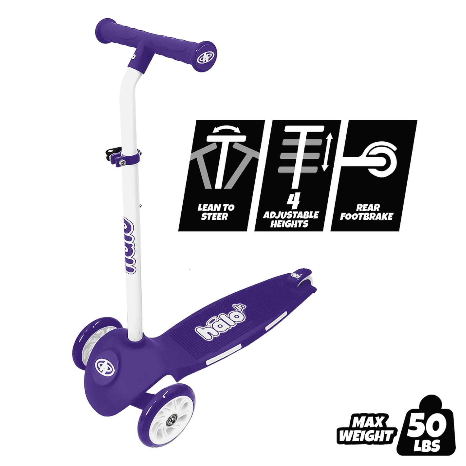 HALO Rise Above Select 3 Wheel Kids Scooter - Purple - 50lbs - Max ...