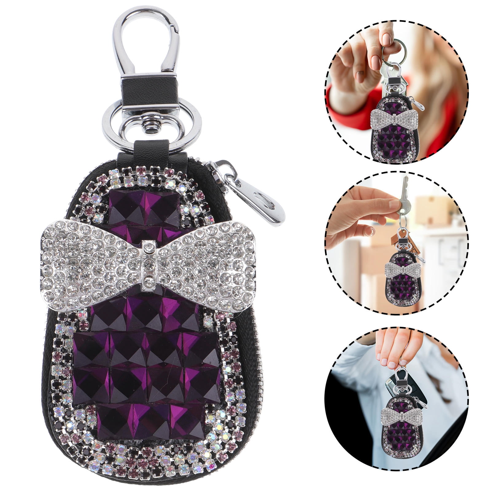 HAMPPLIES 1Pcs Keys Pouch for key Purple Microfiber Leather Rhinestone ...