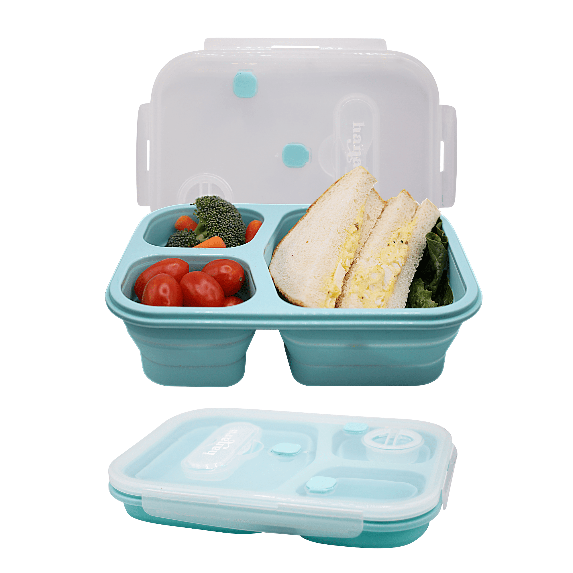HANARA Collapsible Bento Lunch Box | Large Capacity, 3 Compartments, Sauce Container, Fork ...