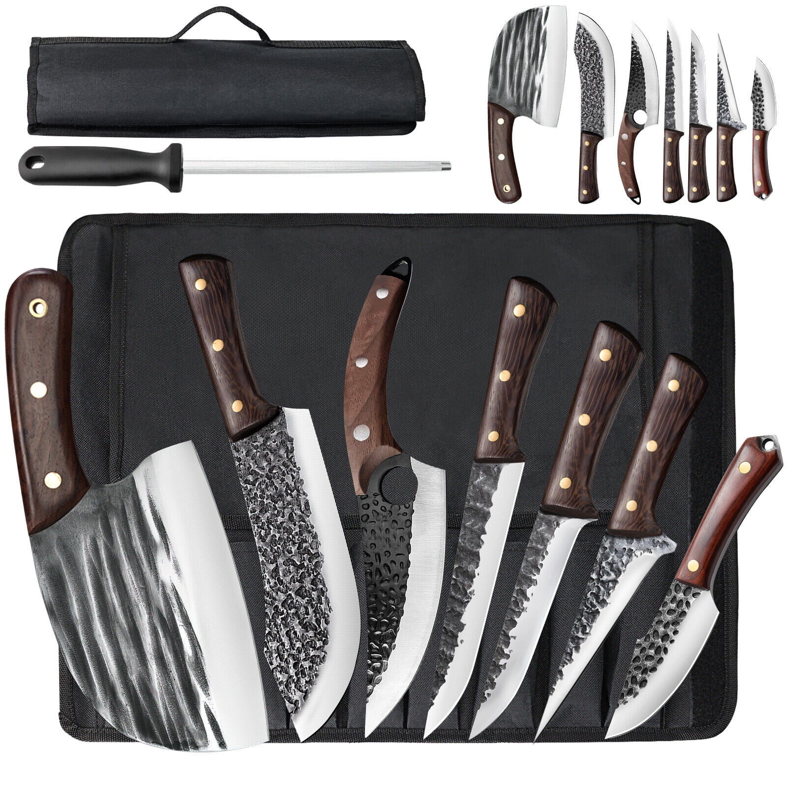 HAND FORGED DAMASCUS STEEL CHEF KNIFE SET KITCHEN KNIVES WITH LEATHER ...