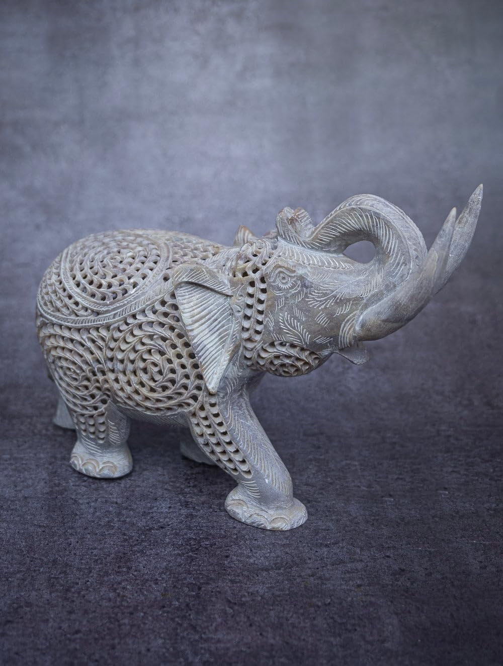 HANDI STONE Natural Soapstone Elephant Sculpture Hand Carved Jali ...