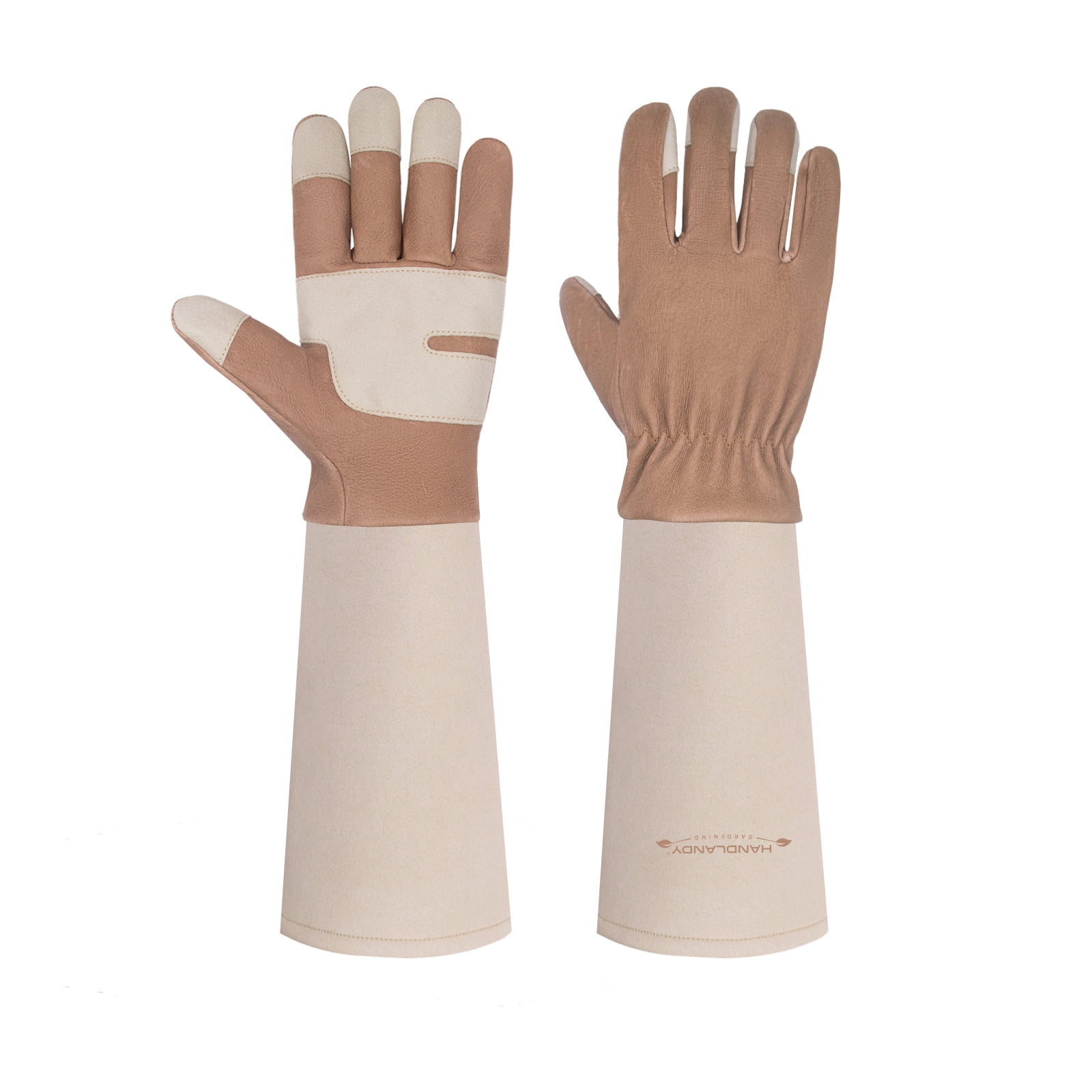 HANDLANDY Pruning Gloves, Leather Gardening Gauntlets for Men and Women, Medium, Brown-Beige ...