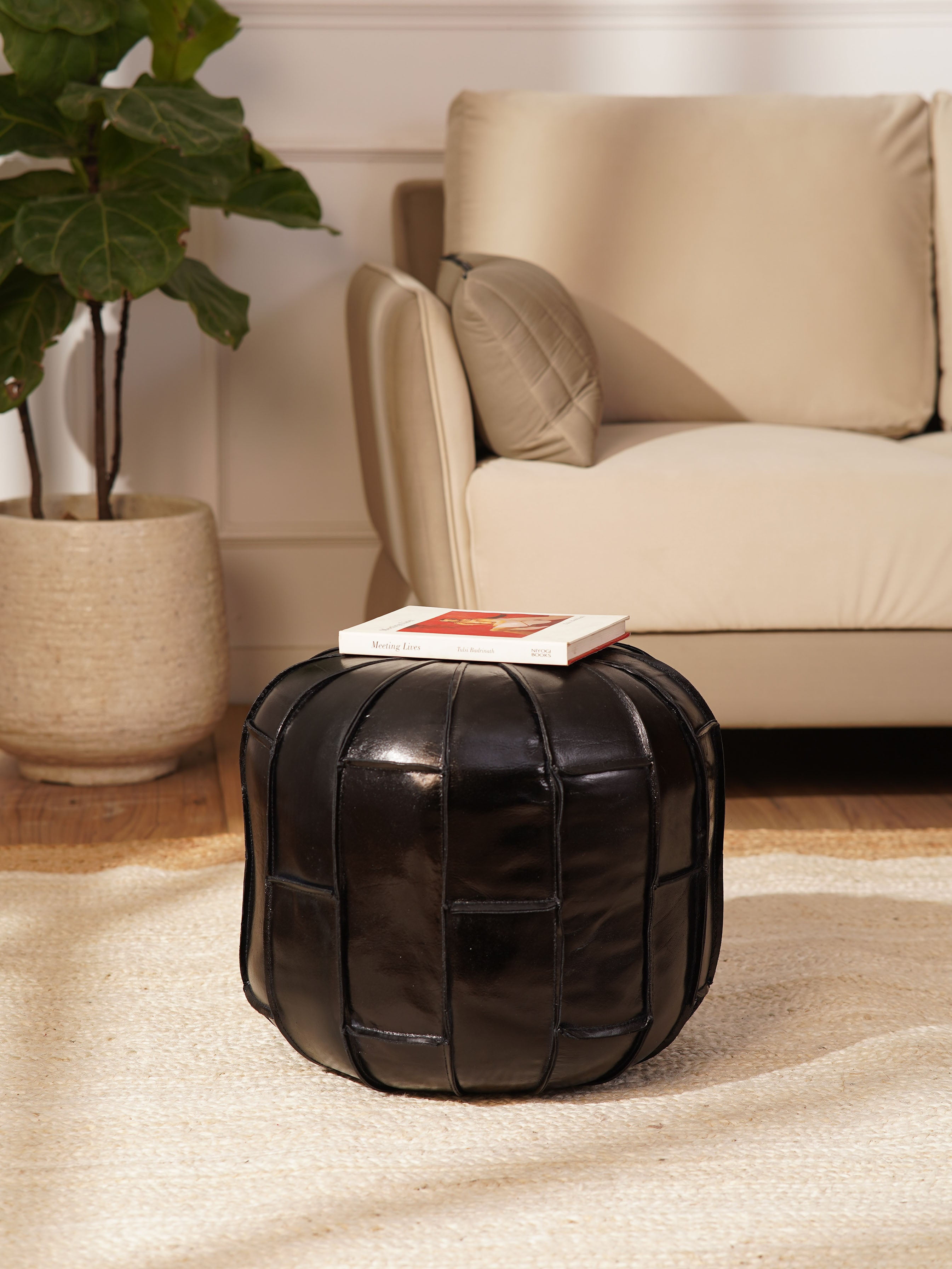 HANDMADE ECO-FRIENDLY ROUND SHAPED STUFFED BUFFALO LEATHER BLACK POUF ...