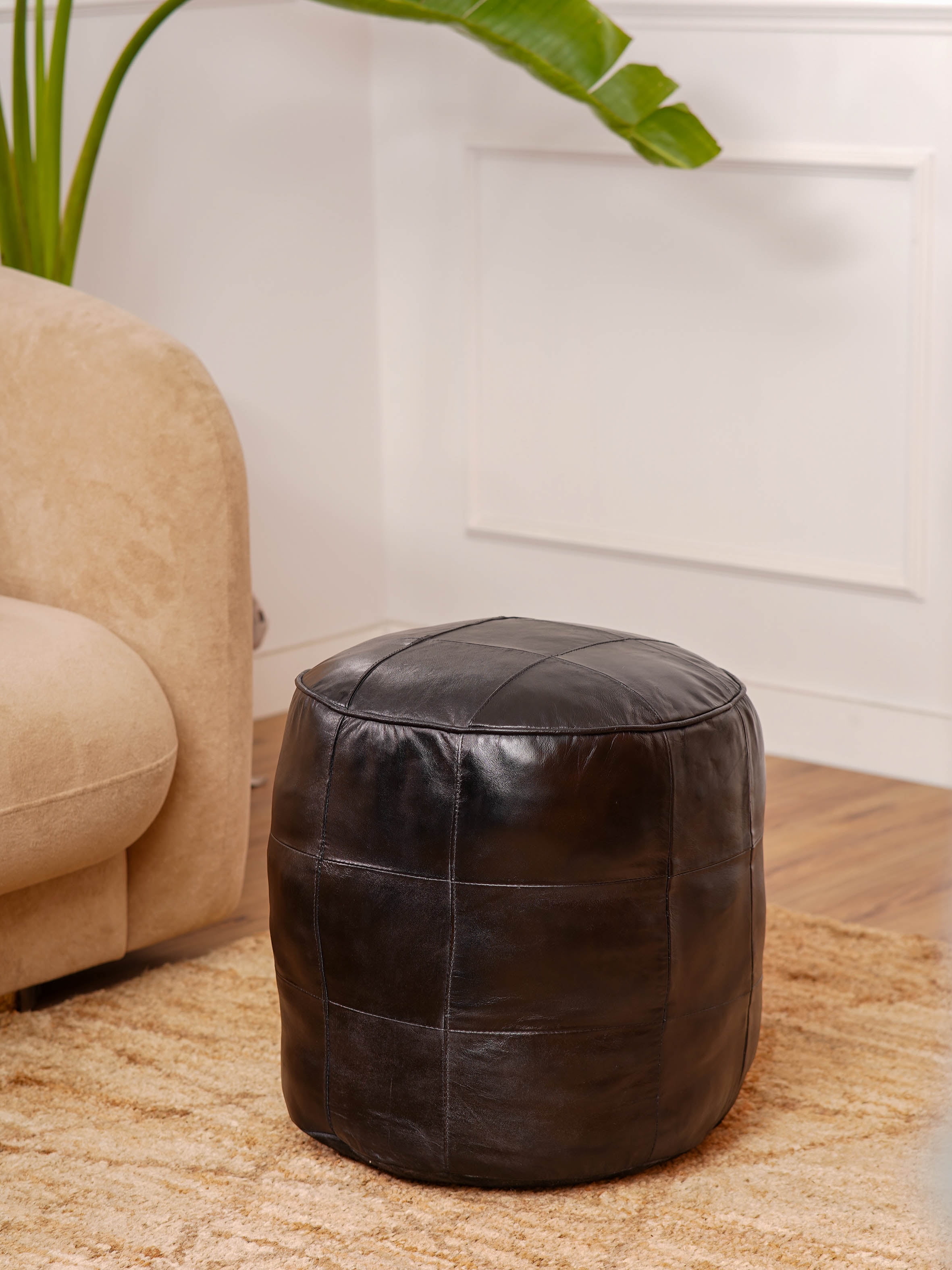 HANDMADE ECO-FRIENDLY ROUND SHAPED STUFFED LEATHER BLACK POUF - 16" x ...