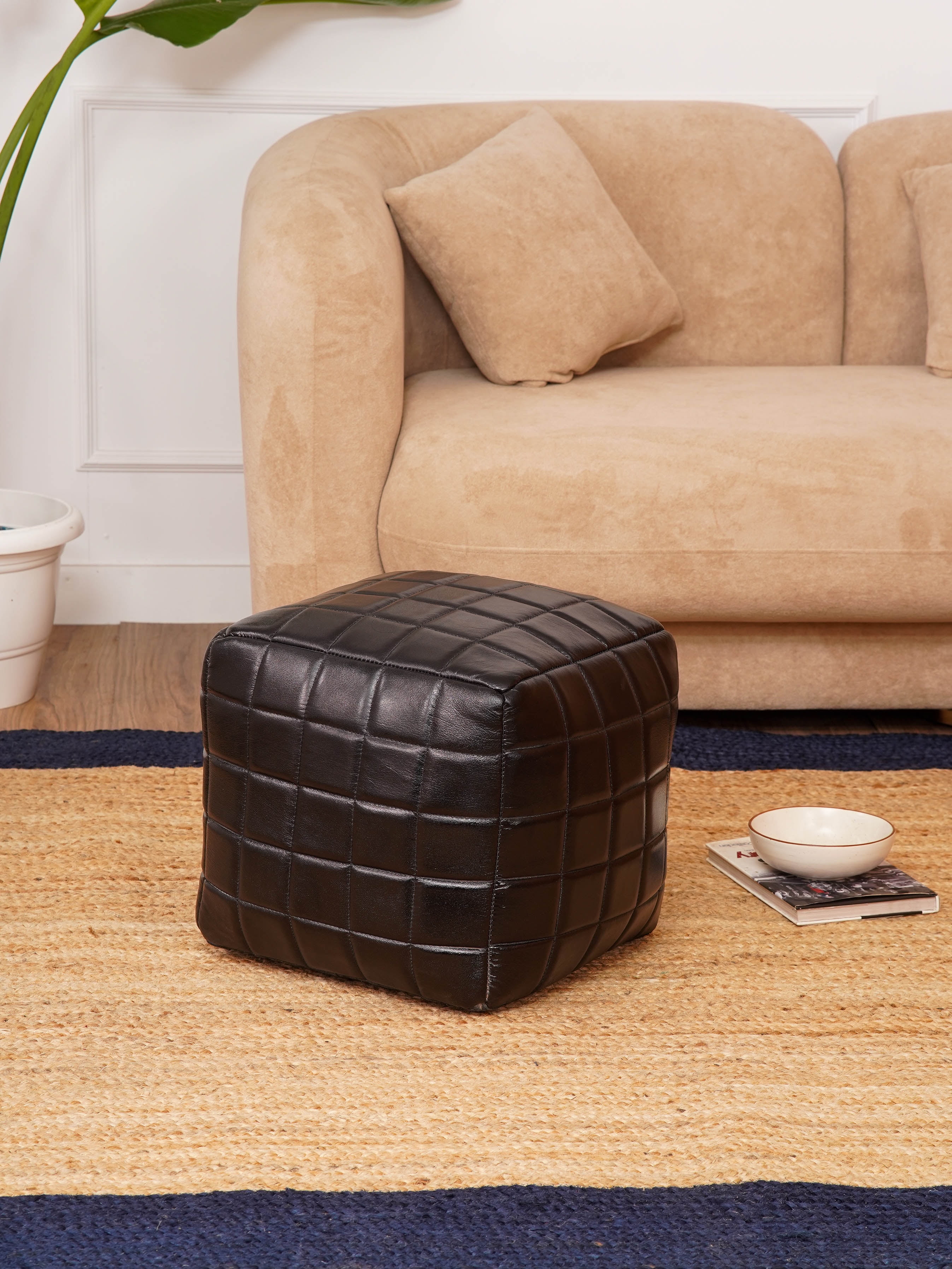 HANDMADE ECO-FRIENDLY SQUARE SHAPED STUFFED GOAT LEATHER BLACK POUF ...