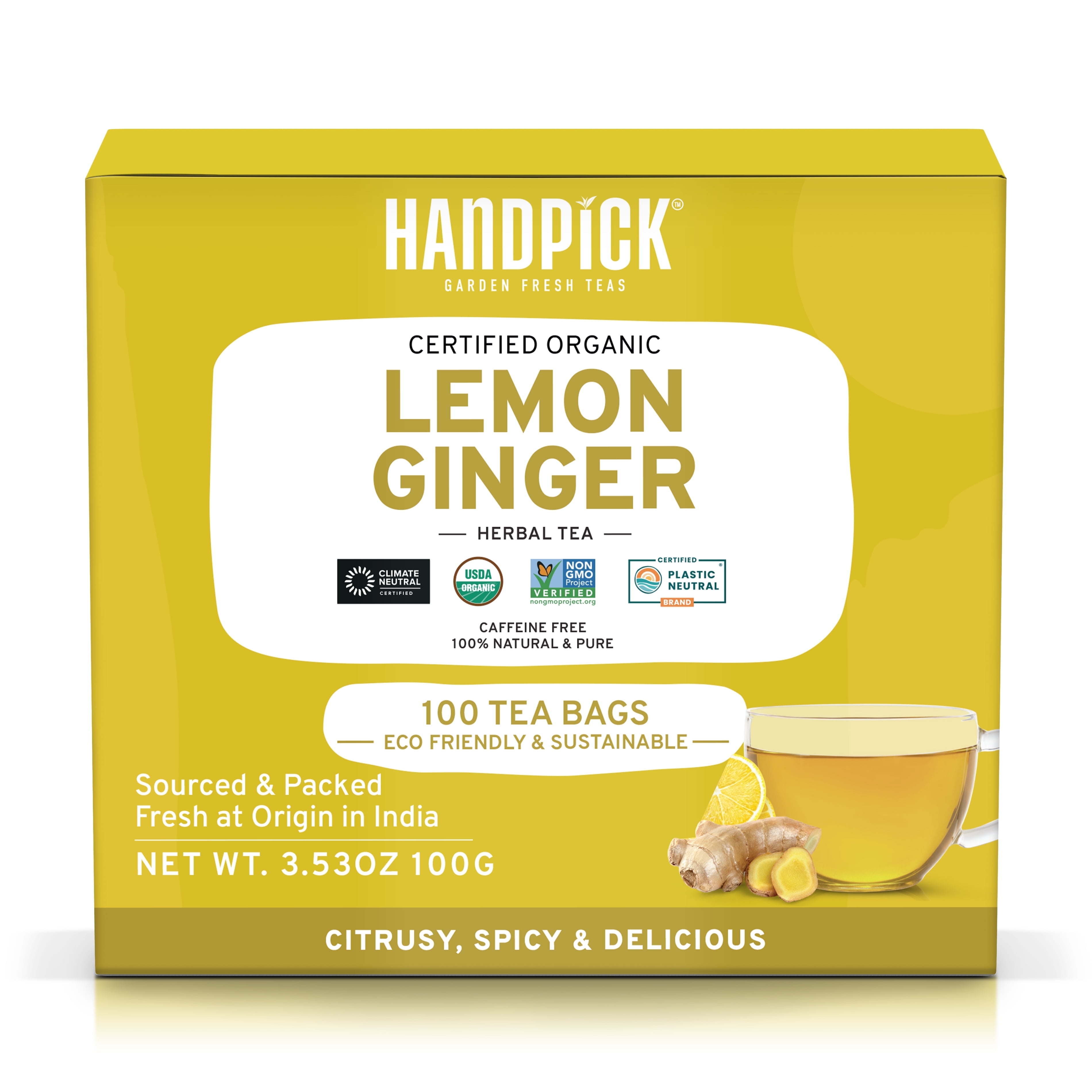HANDPICK Lemon Ginger Herbal Tea, 100 Pyramid Tea Bags, Caffeine-Free ...