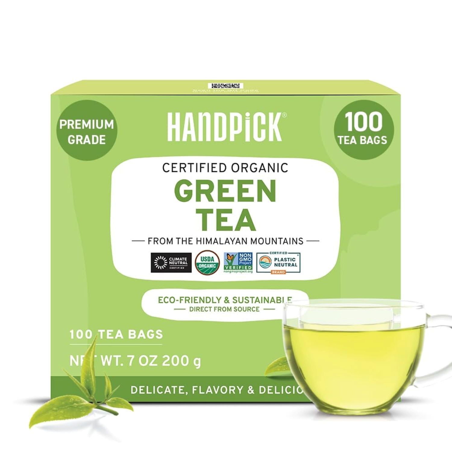 HANDPICK, Organic Green Tea Bags (100 Count), NON-GMO, USDA Organic ...