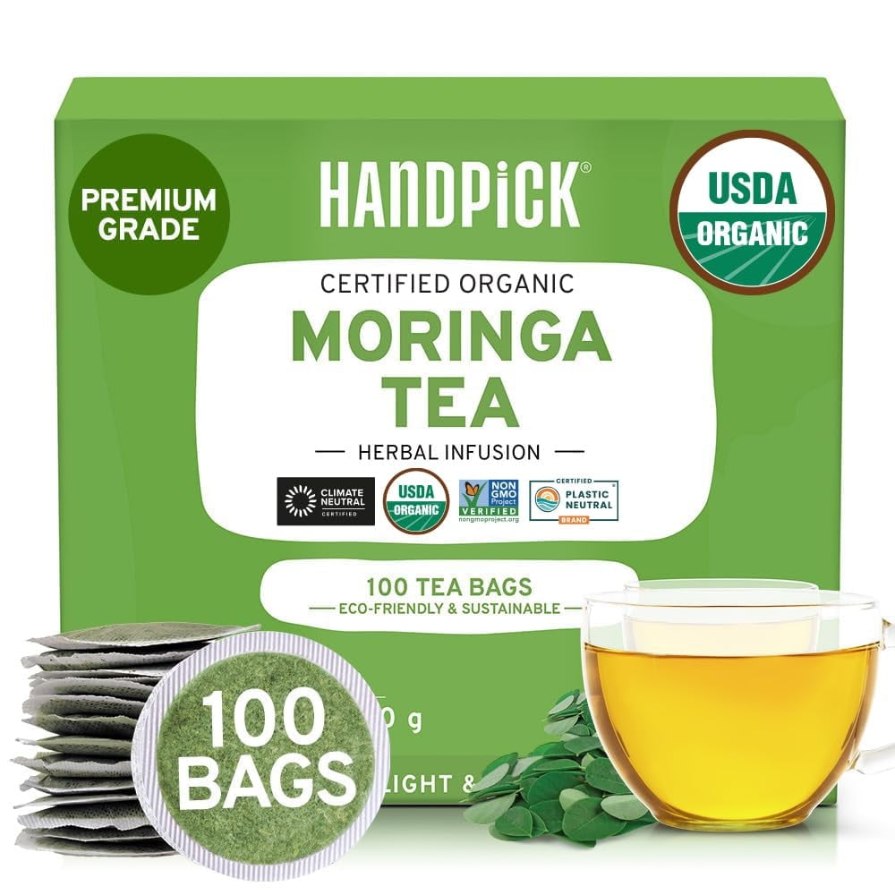 HANDPICK, Organic Moringa Tea Bags (100 Count) Non-GMO, Caffeine Free, Pure Moringa Leaves ...