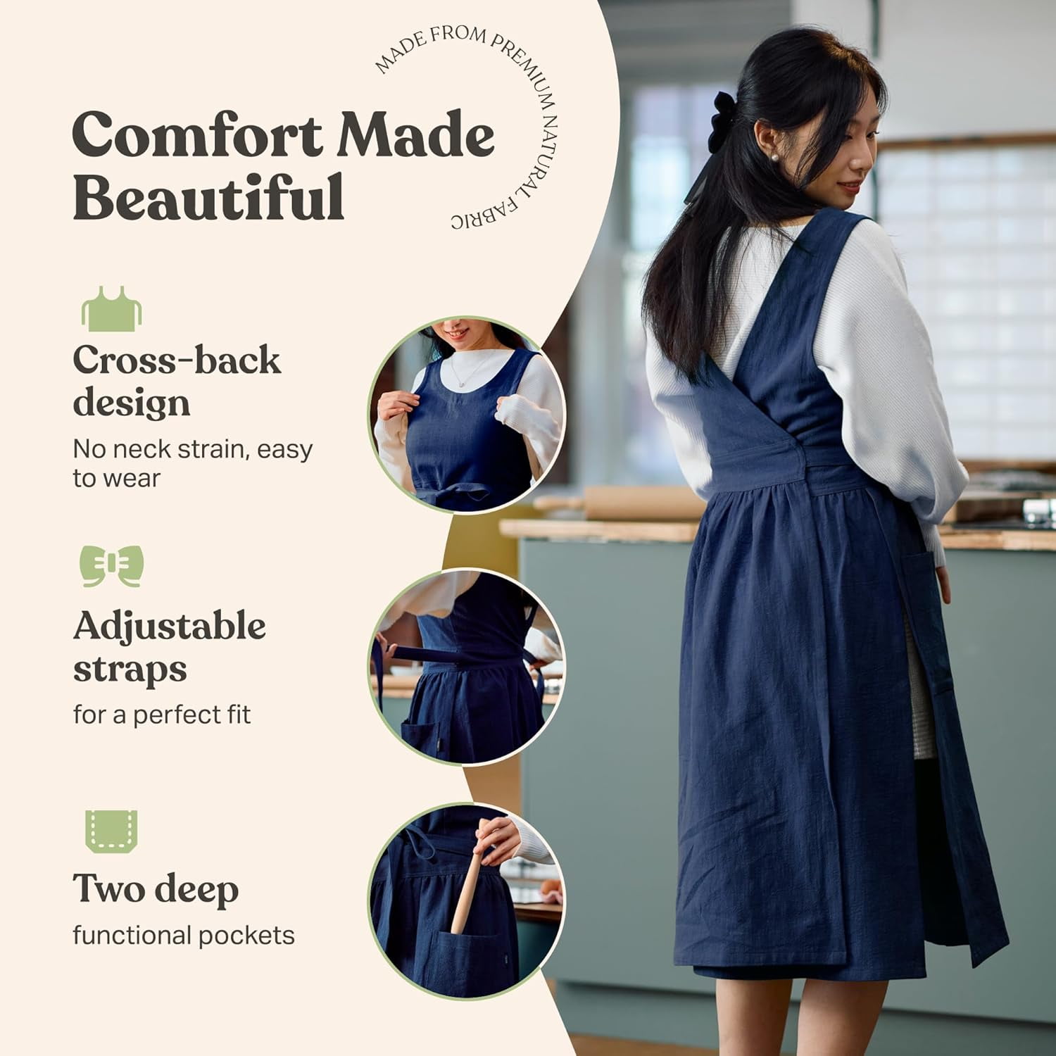 HANEE Linen Cross Back Apron for Women with Pockets - Japanese, Korean ...