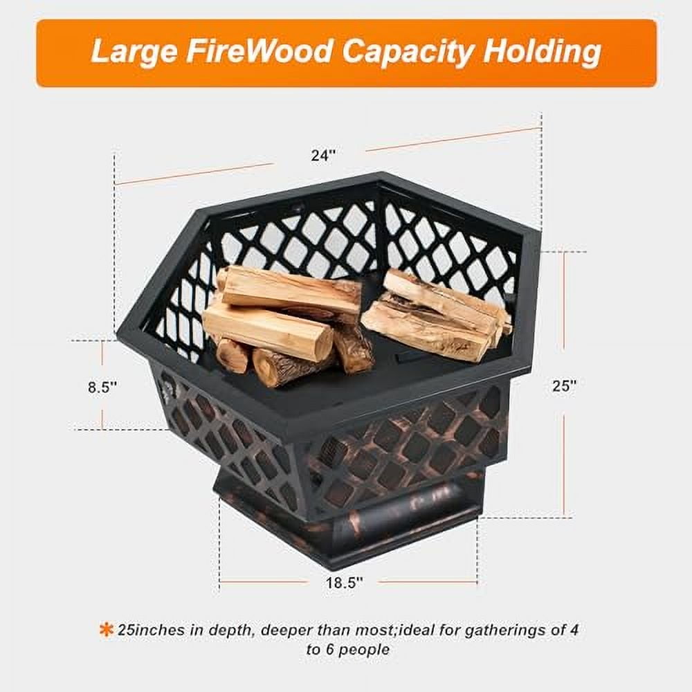 HANGHKAI Hex Shaped Fire Pit 24" Outdoor Metal Fireplace with Mesh ...