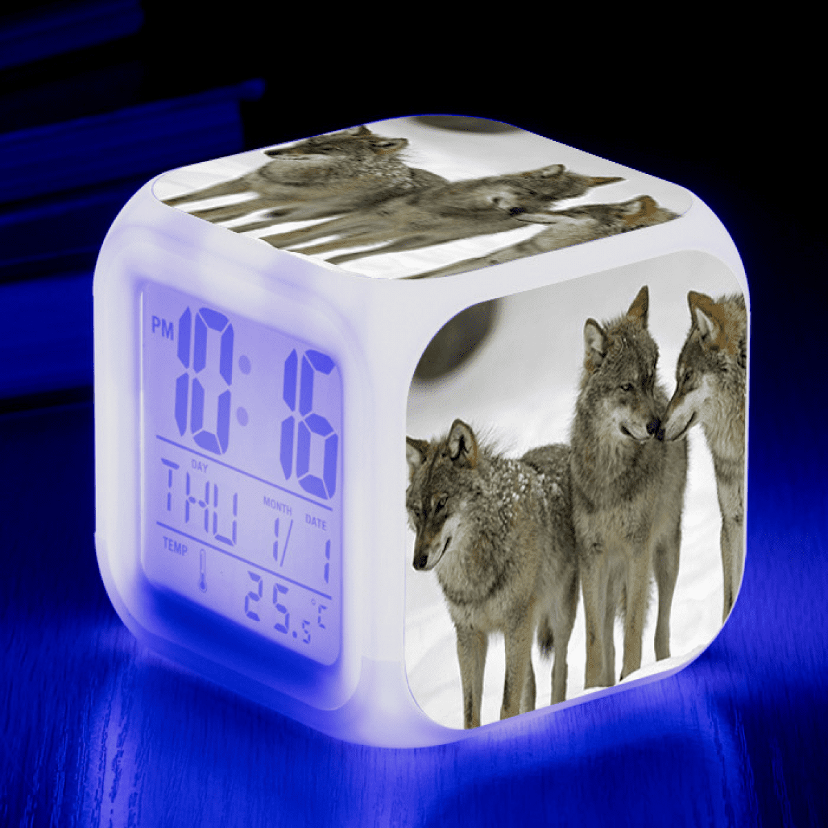 3＂LED Alarm Clock Wolf Pattern Desk Table Glowing Electronic Colorful ...