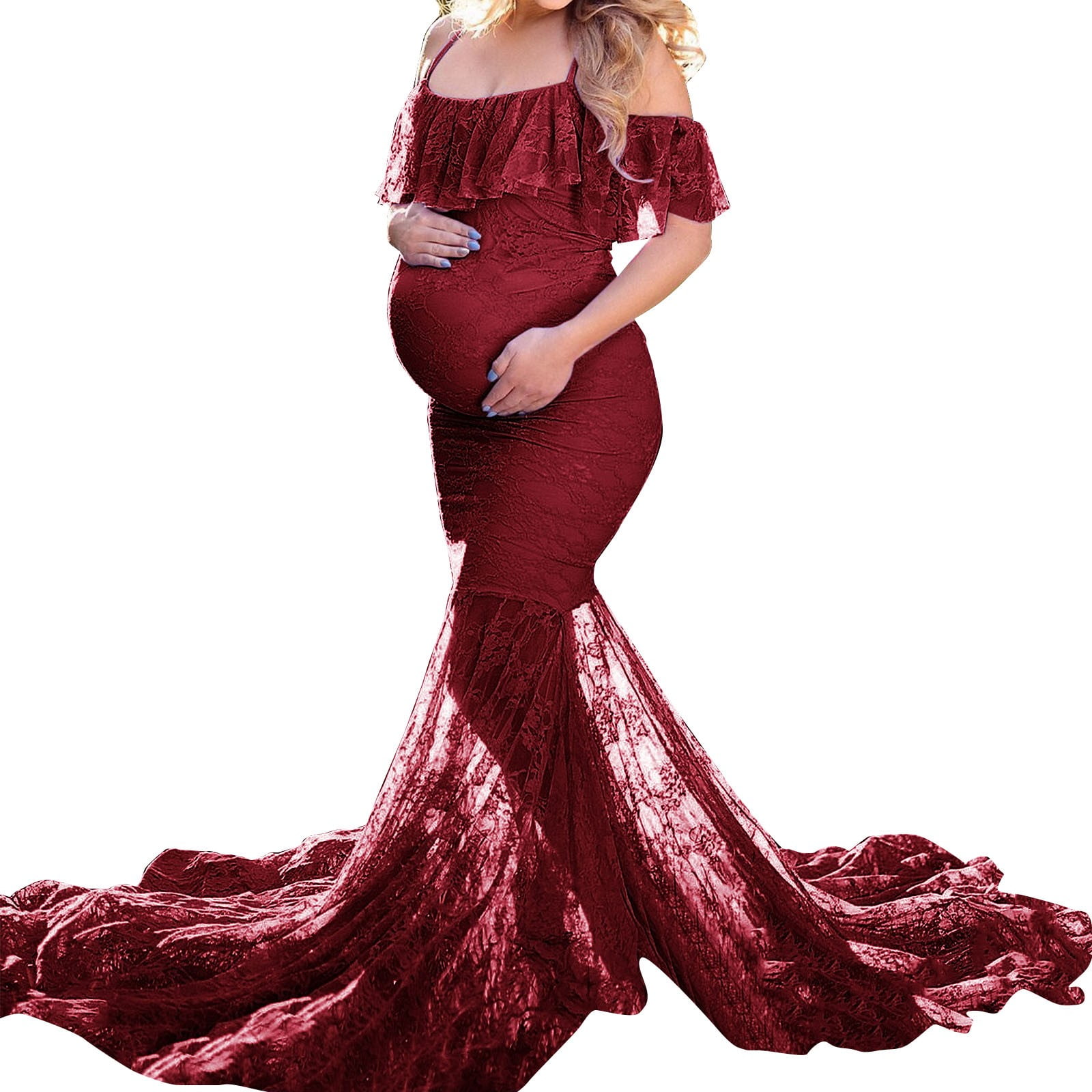 HANXIULIN Women's Maternity Maxi Dress Maternity Ruffled Sleeves Short ...