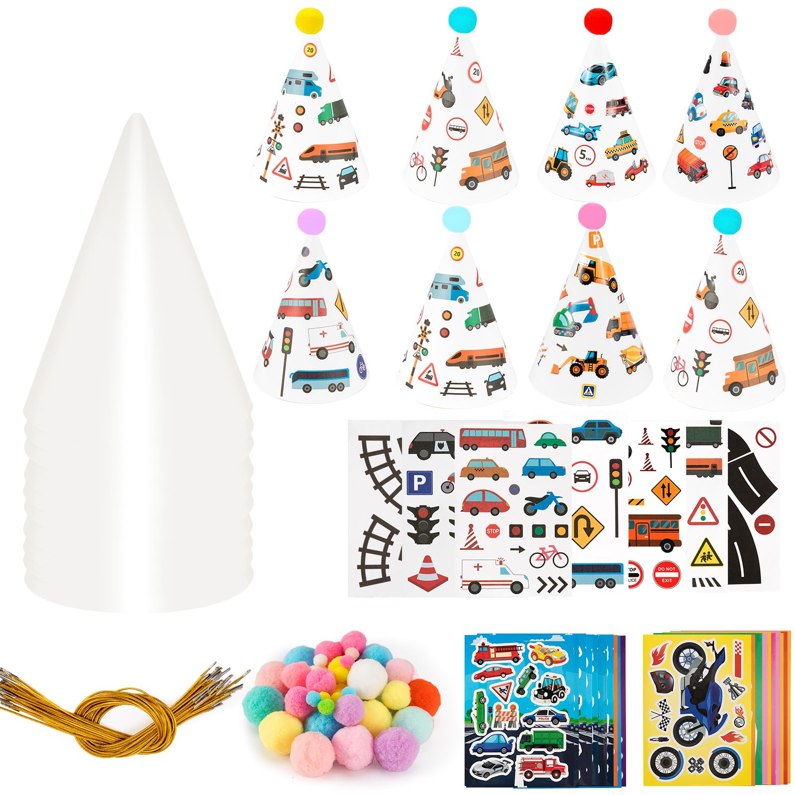 HANYMWANZW 16 Pack Transportation Birthday Party Hats, Blank White ...