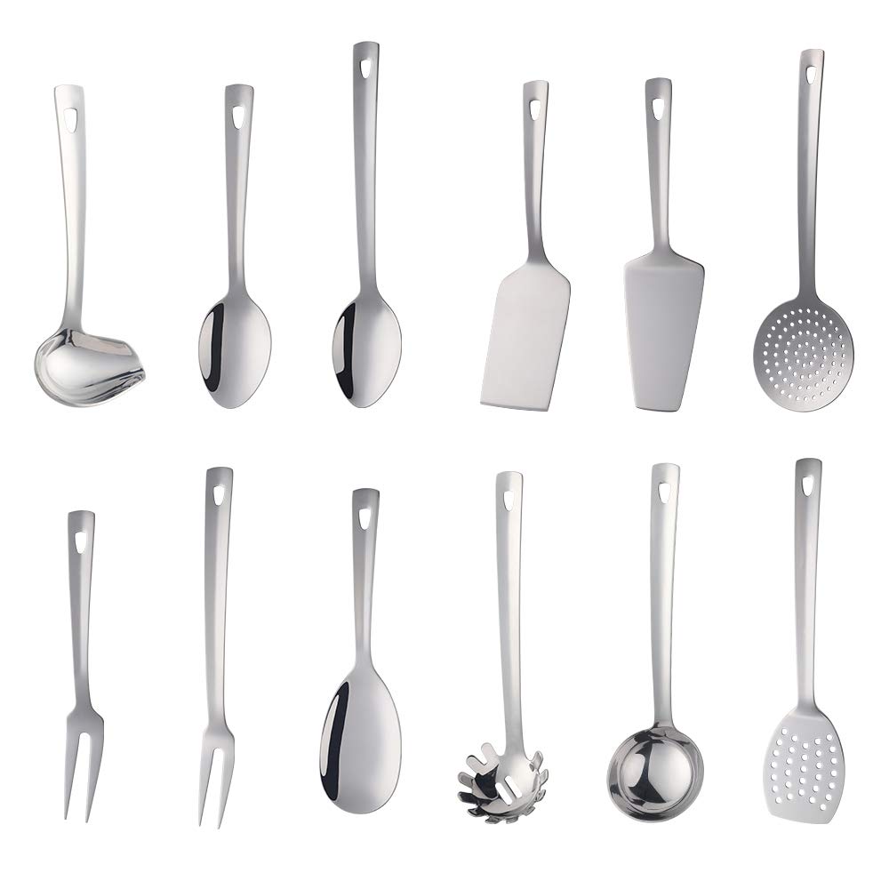 HAO Stainless Steel Kitchen Utensil Set,12-Piece Rainbow Cooking Utensils with Integrated ...