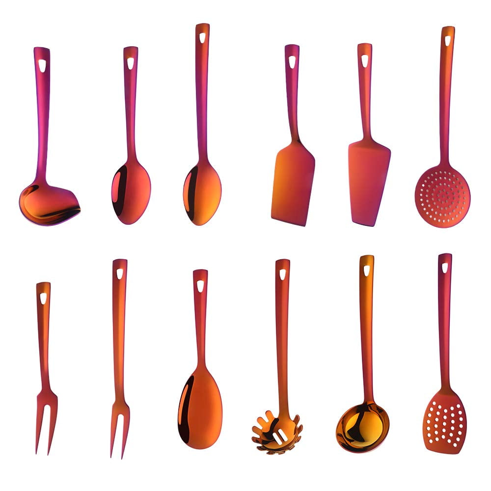 HAO Stainless Steel Kitchen Utensil Set,12-Piece Rainbow Cooking Utensils with Integrated ...